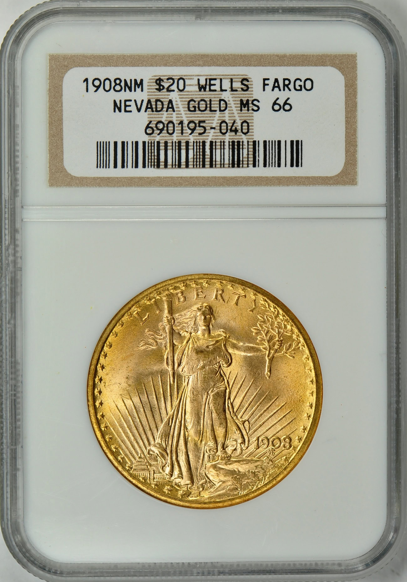 1908 Saint-Gaudens Gold Double Eagle No Motto. Wells Fargo Nevada Gold ...