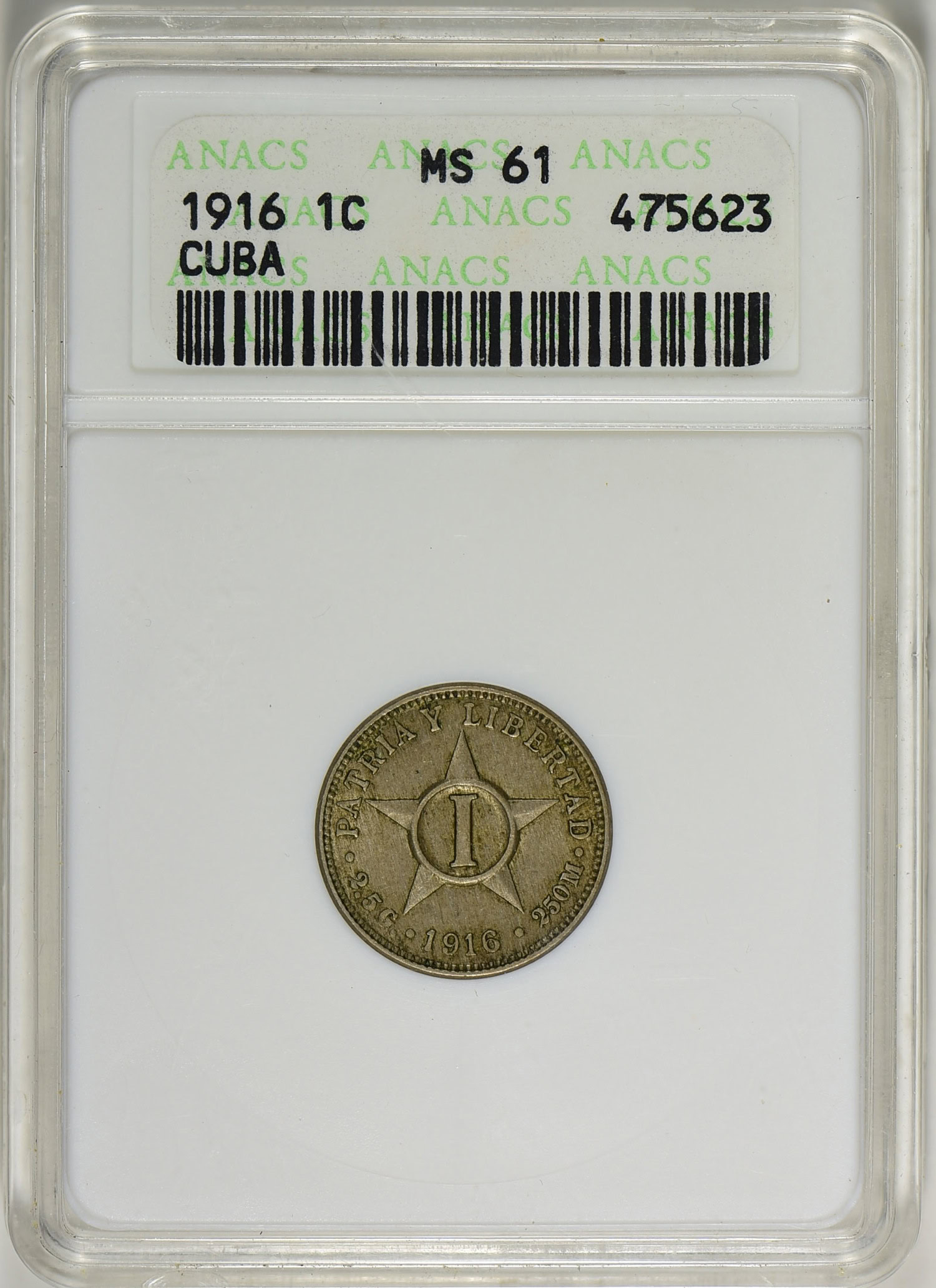 Cuba 1916 Centavo ANACS MS-61 OH (Item 523808) | GreatCollections Coin ...