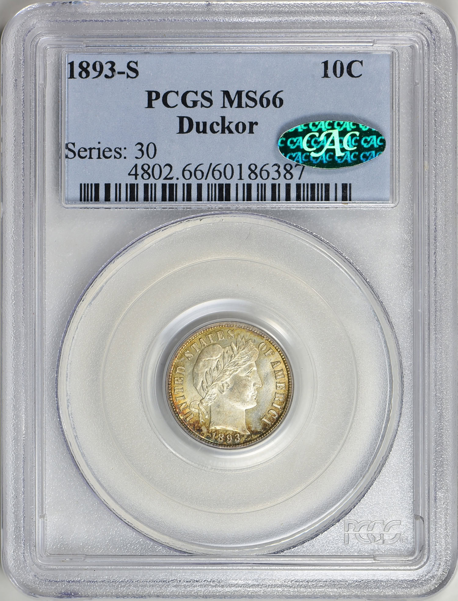 1893-S Barber Dime PCGS MS-66 (CAC Green) (Duckor Collection) (Item ...