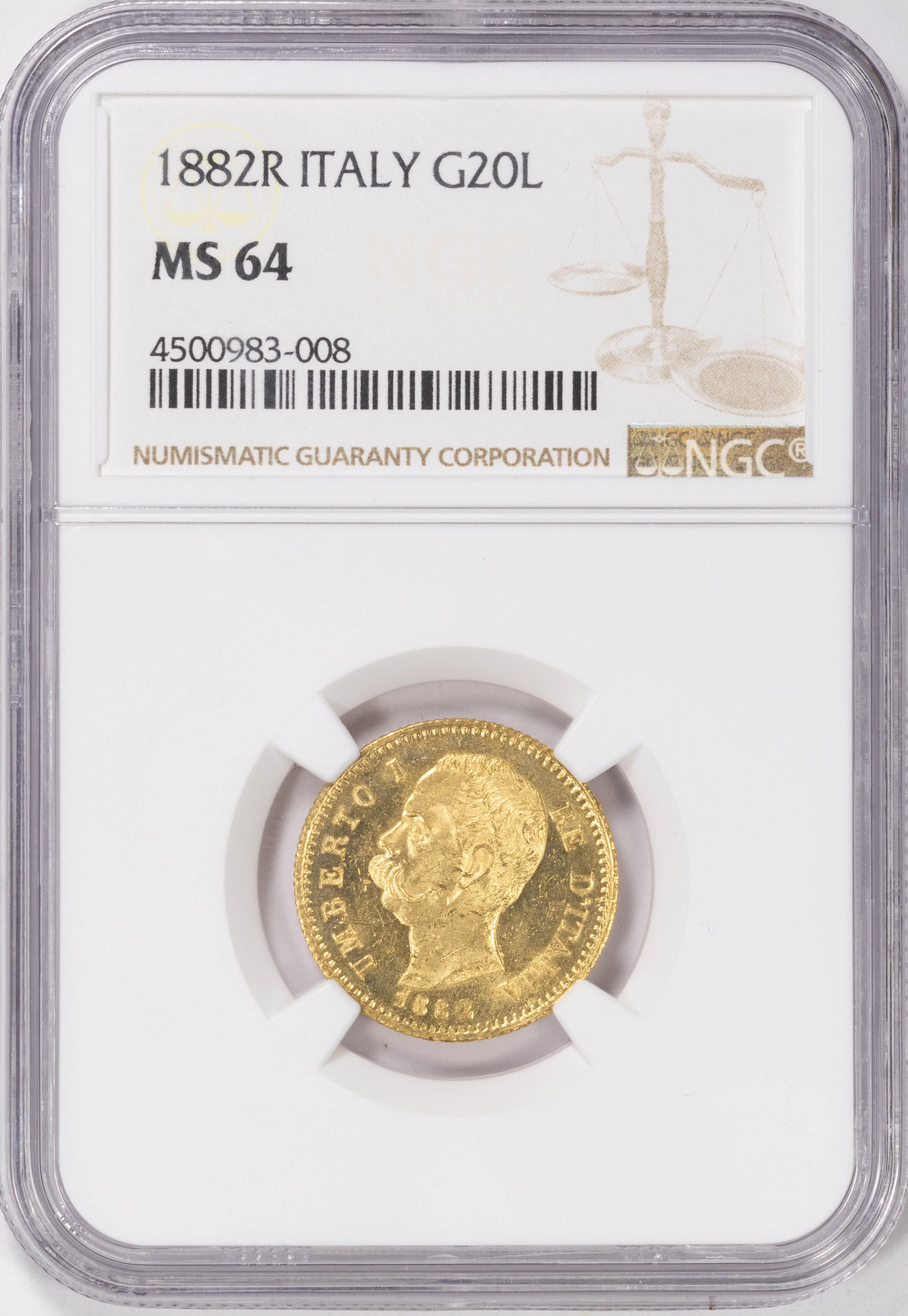 Italy 1882-R Gold 20 Lire KM-21 NGC MS-64 (AGW = 0.1867 oz.) (Item ...