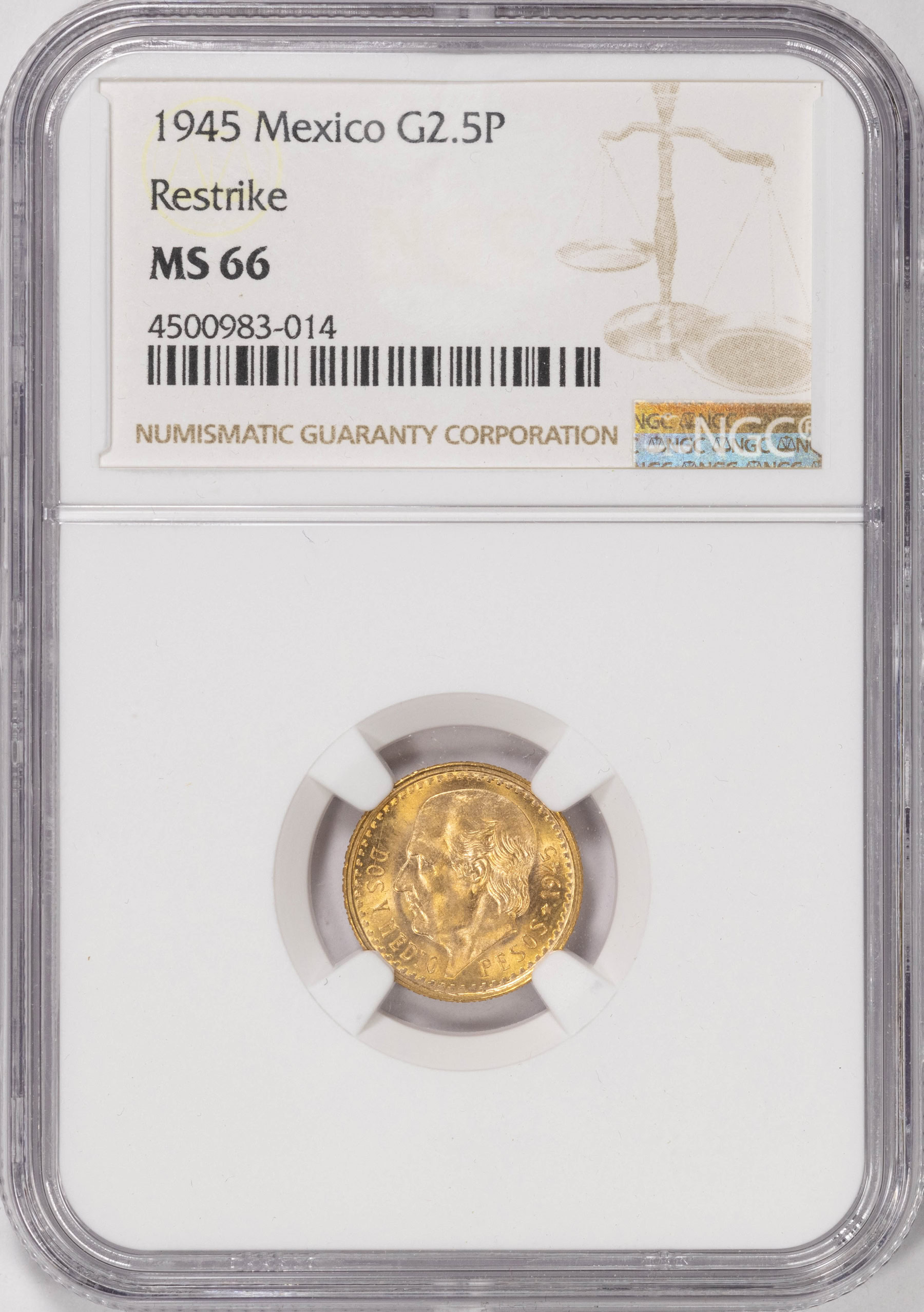 Mexico 1945 Gold 2 1/2 Pesos Restrike KM-463 NGC MS-66 (AGW = 0.0603 oz ...