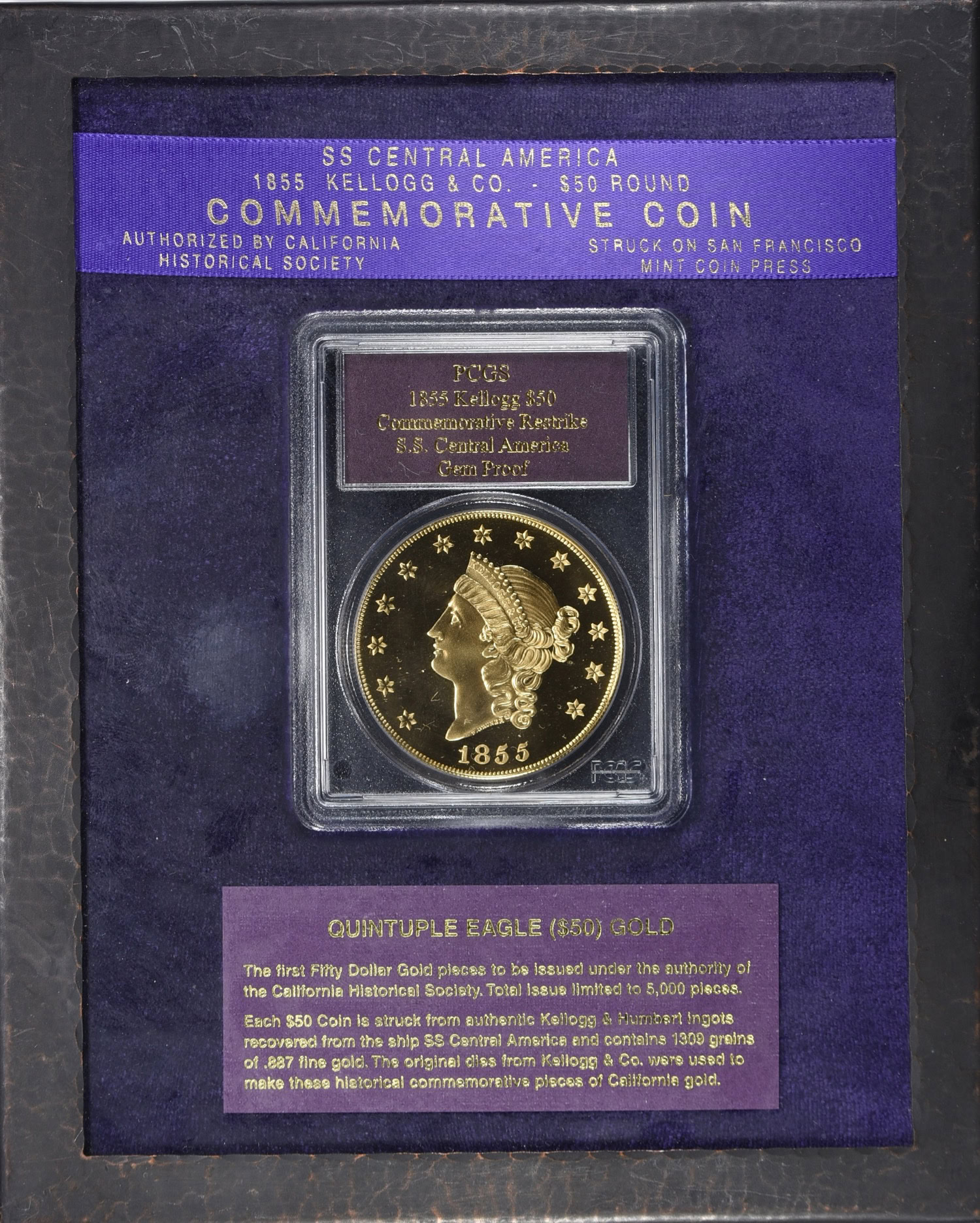 1855 Kellogg Gold $50 Commemorative Restrike Shipwreck S.S. Central ...
