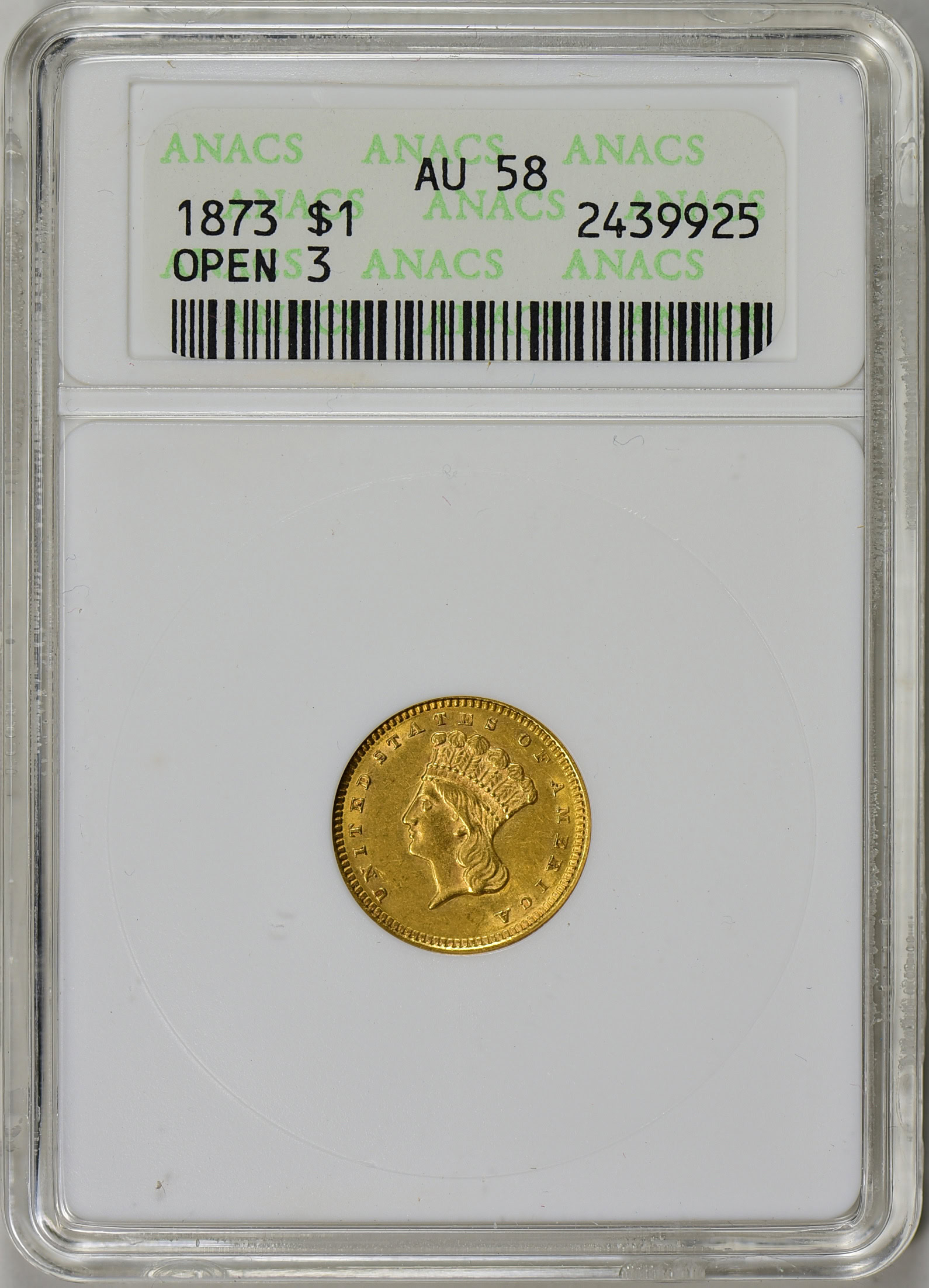 1873 Indian Princess Gold Dollar Open 3 ANACS AU-58 OH (Item 552608) | GreatCollections Coin ...