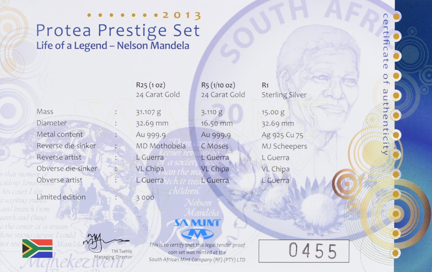 South Africa 2013 Gold 5 & 25 Rand and Silver 1 Rand Protea Prestige ...