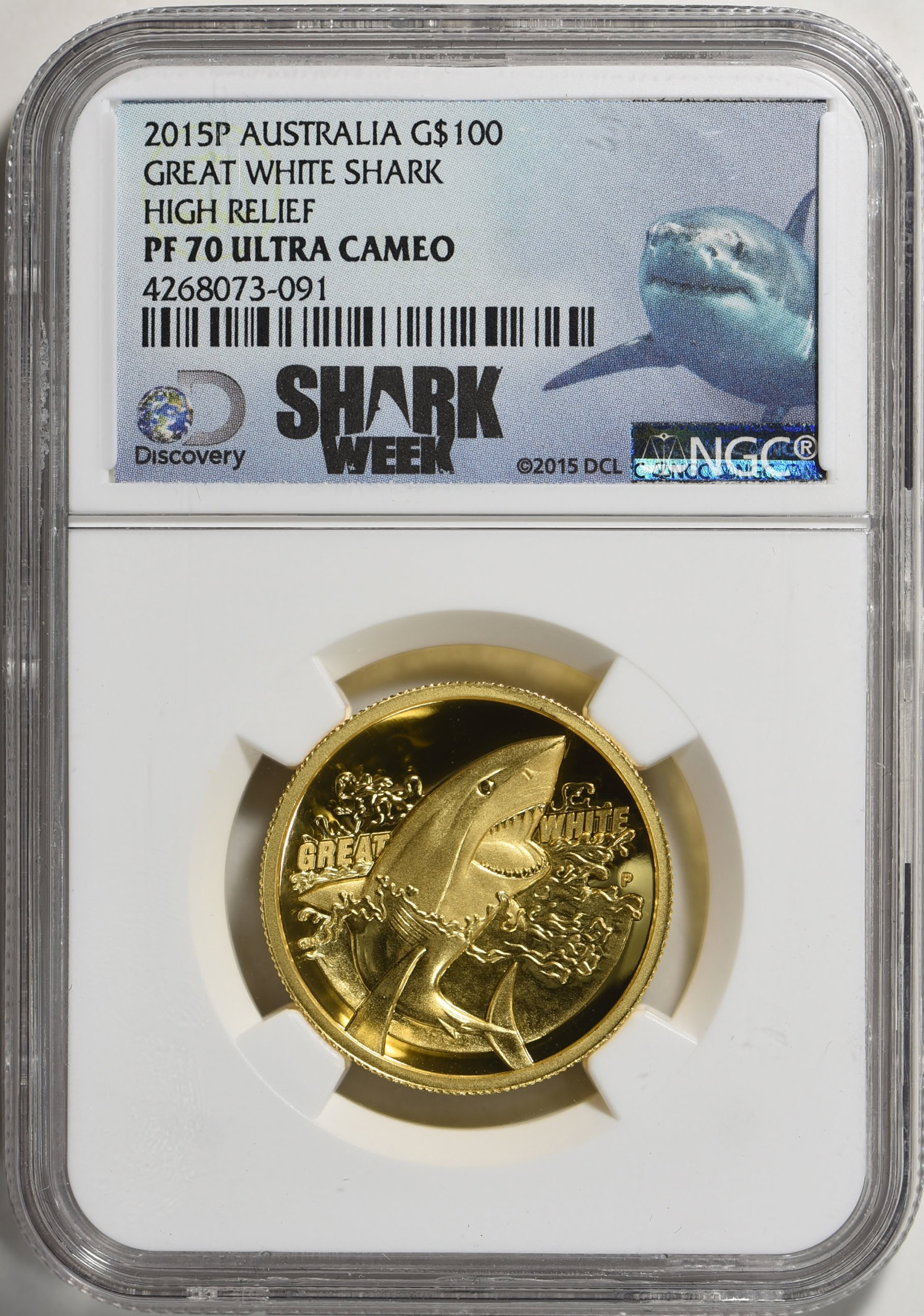 Australia 2015-P G$100 Gold Great White Shark High Relief NGC Proof-70 ...