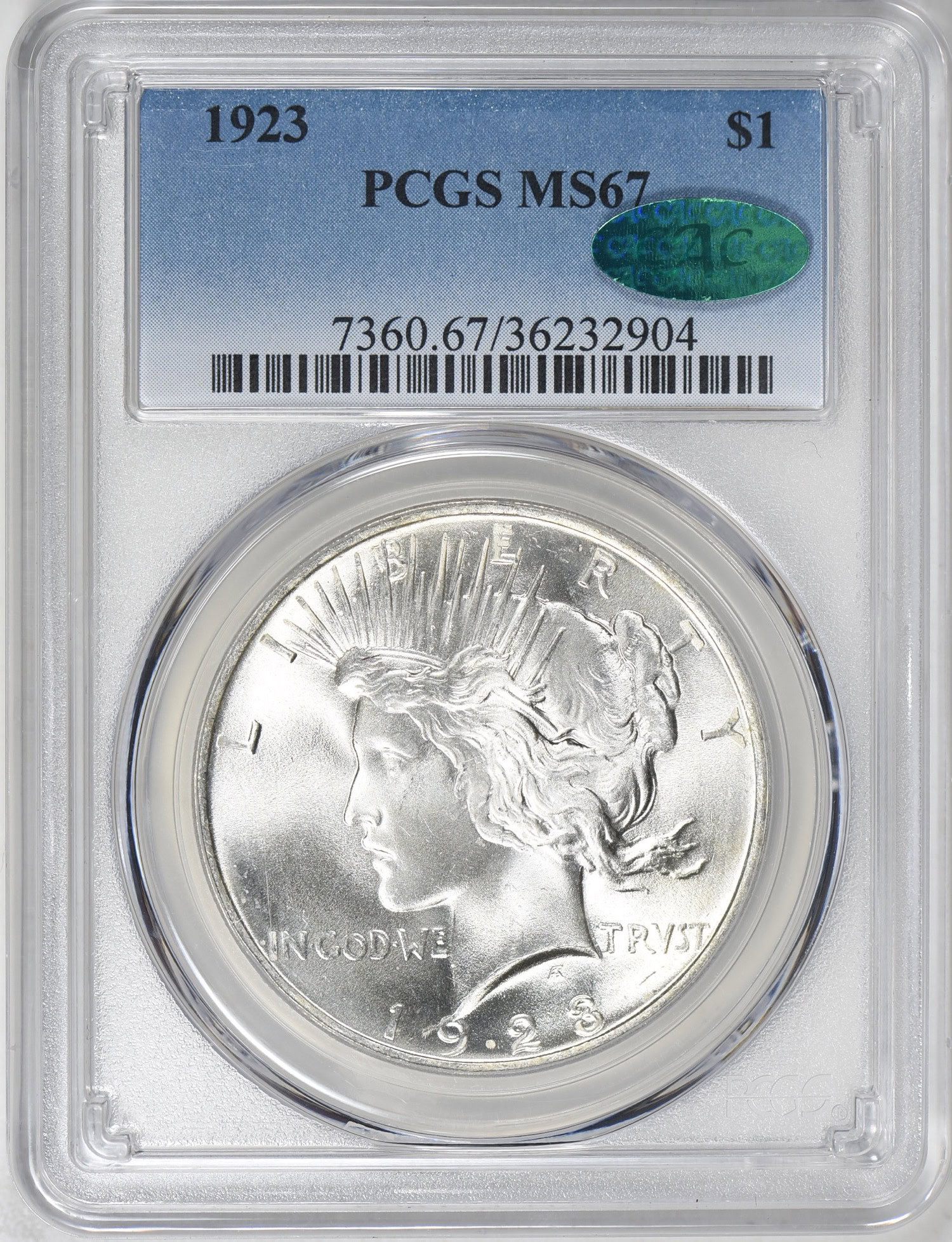 1923 Peace Silver Dollar PCGS MS-67 (CAC Green) (Item 603130) | GreatCollections Coin Auctions