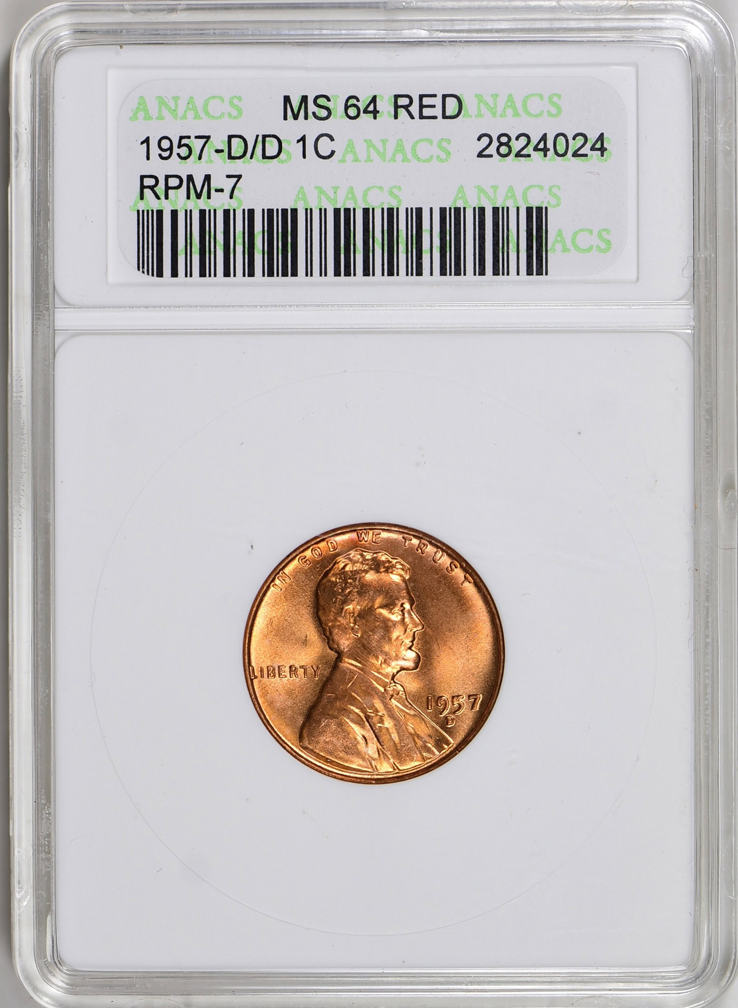 1957-D/D Lincoln Cent RPM-7 ANACS MS-64 RD OH (Item 603531) | GreatCollections Coin Auctions