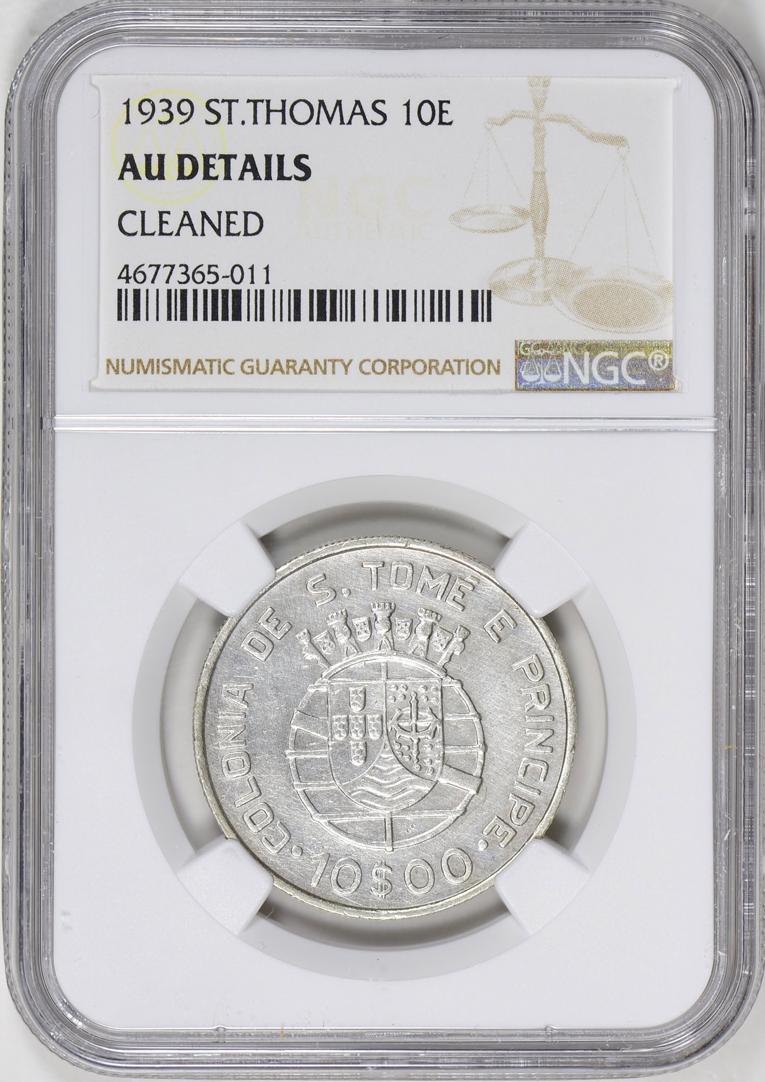 St. Thomas & Prince Island 1939 Silver 10 Escudos KM-7 NGC AU Details ...