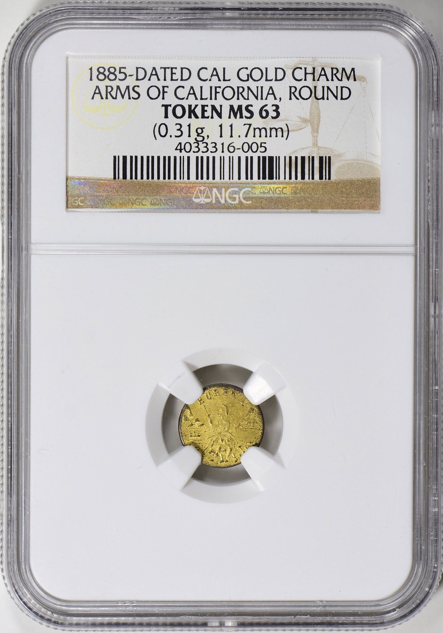 1885-Dated California Gold Charm Arms of California Round (0.31g, 11 ...