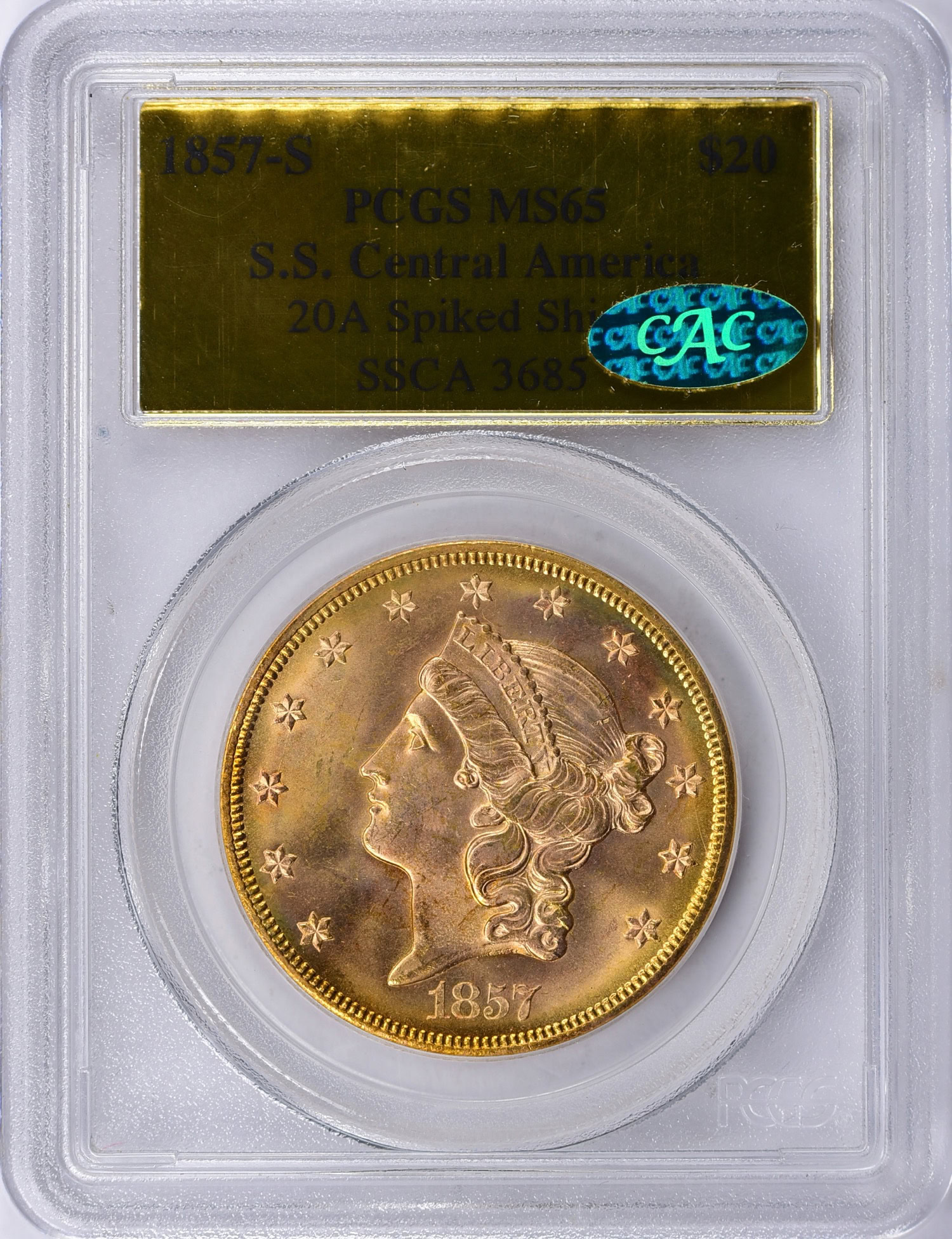 1857-S Liberty Gold Double Eagle Shipwreck S.S. Central America Spiked Shield PCGS MS-65 (CAC ...