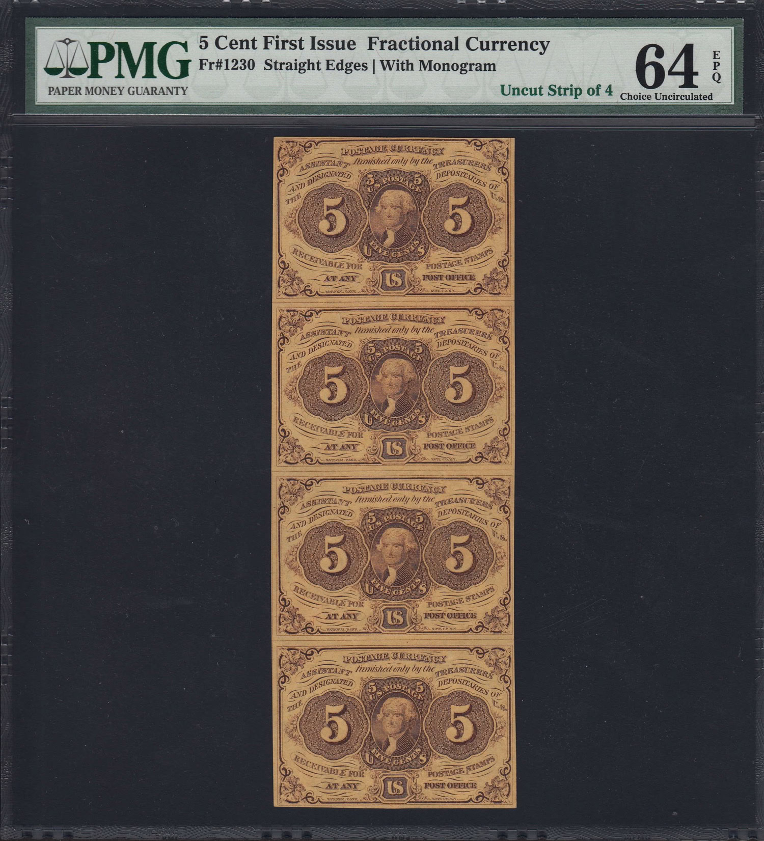 Fr. 1230 First Issue 5 Cents Fractional Currency Uncut Strip of Four ...