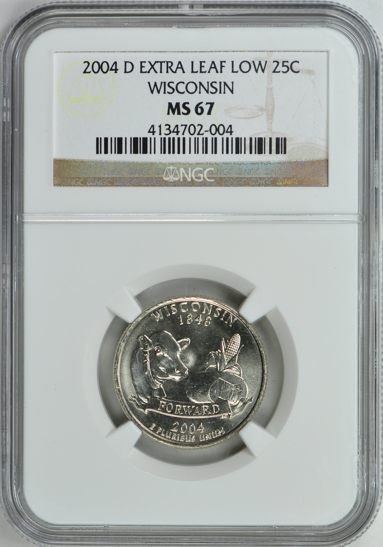 2004-D State Quarter Wisconsin. Extra Leaf Low NGC MS-67 (Item 63741 ...