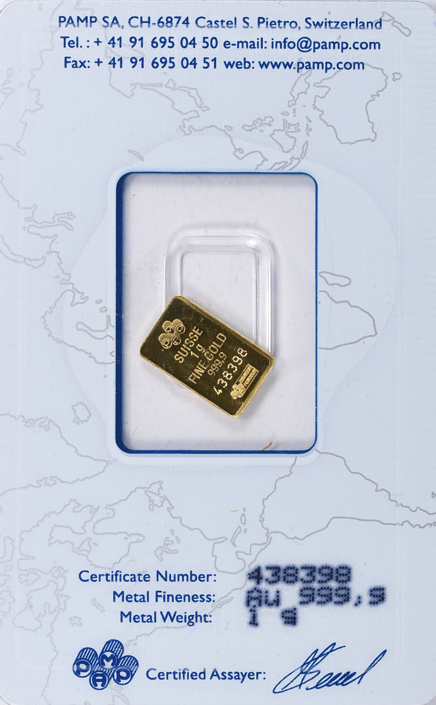 1 Gram Swiss Made PAMP Gold Ingot/Bar Uncertified in Numbered Plastic ...