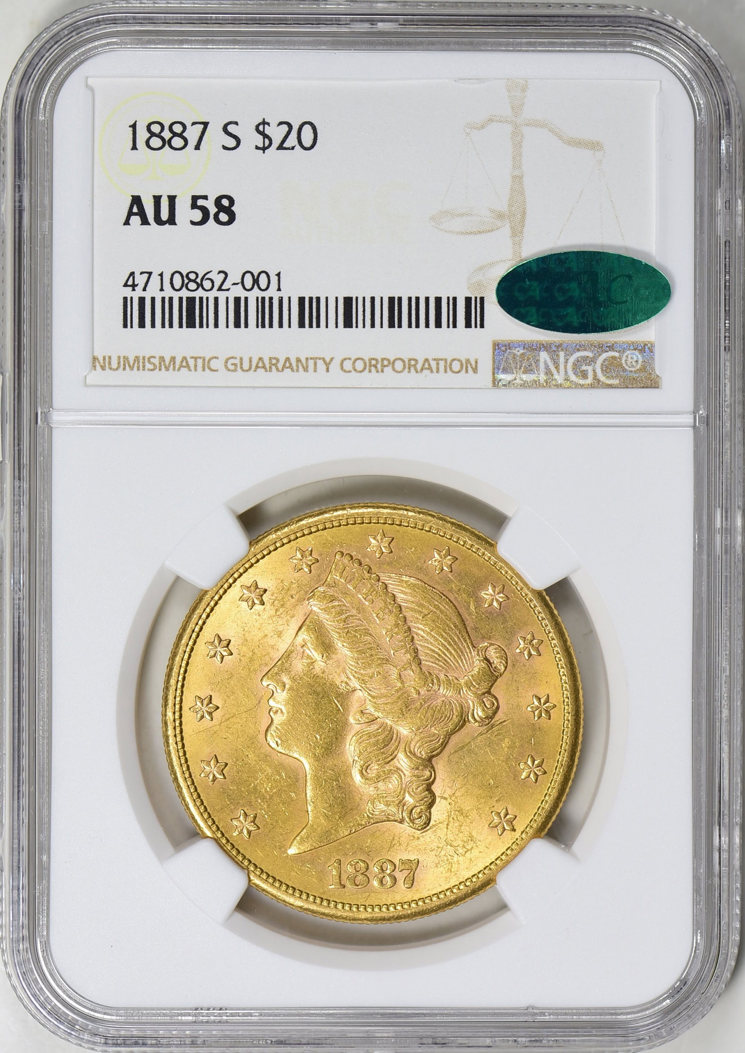 1887-S Liberty Gold Double Eagle NGC AU-58 (CAC Green) (Item 649632) | GreatCollections Coin ...