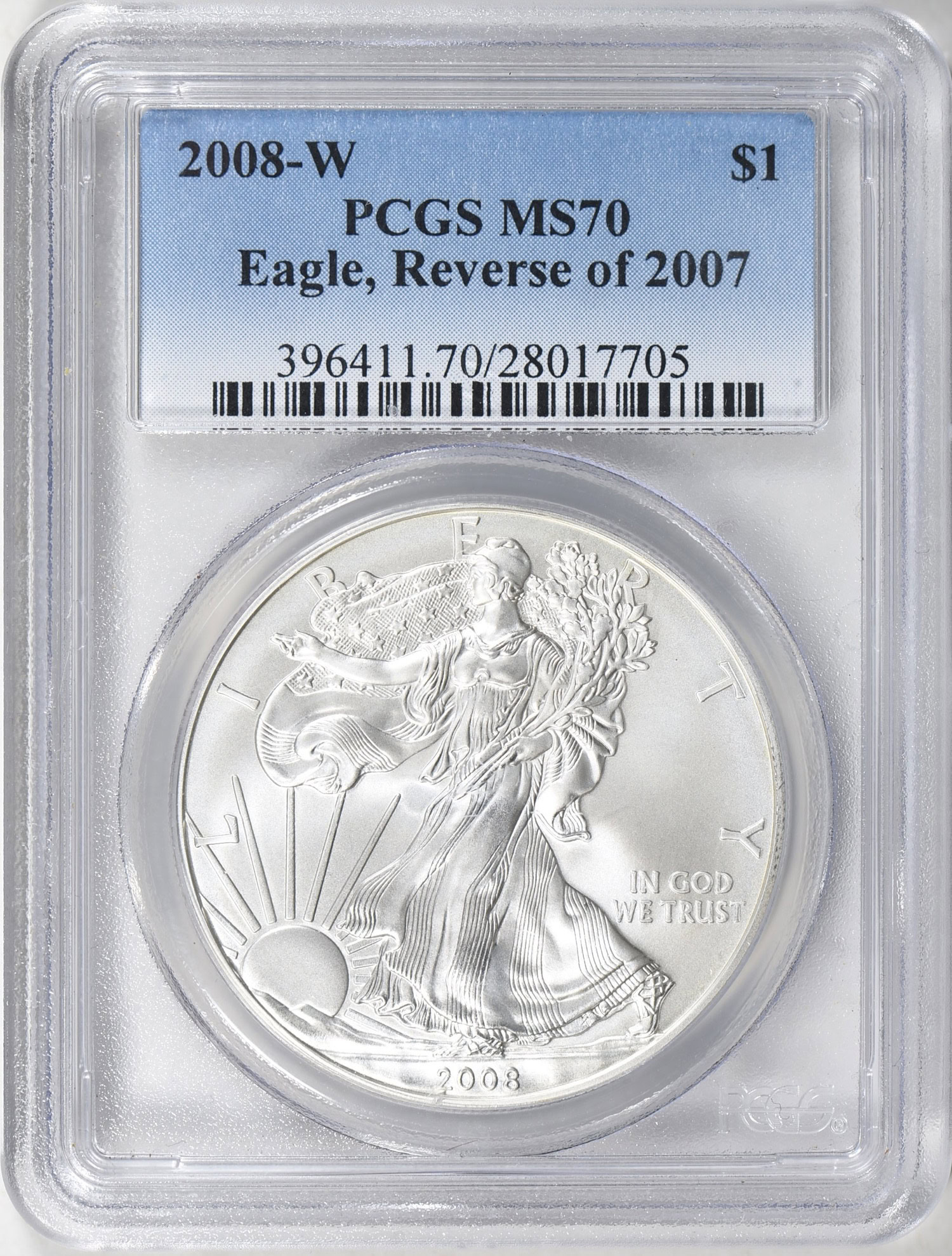 2008-W $1 Silver Eagle Reverse of 2007 Burnished PCGS MS-70 (Item 653987) | GreatCollections ...