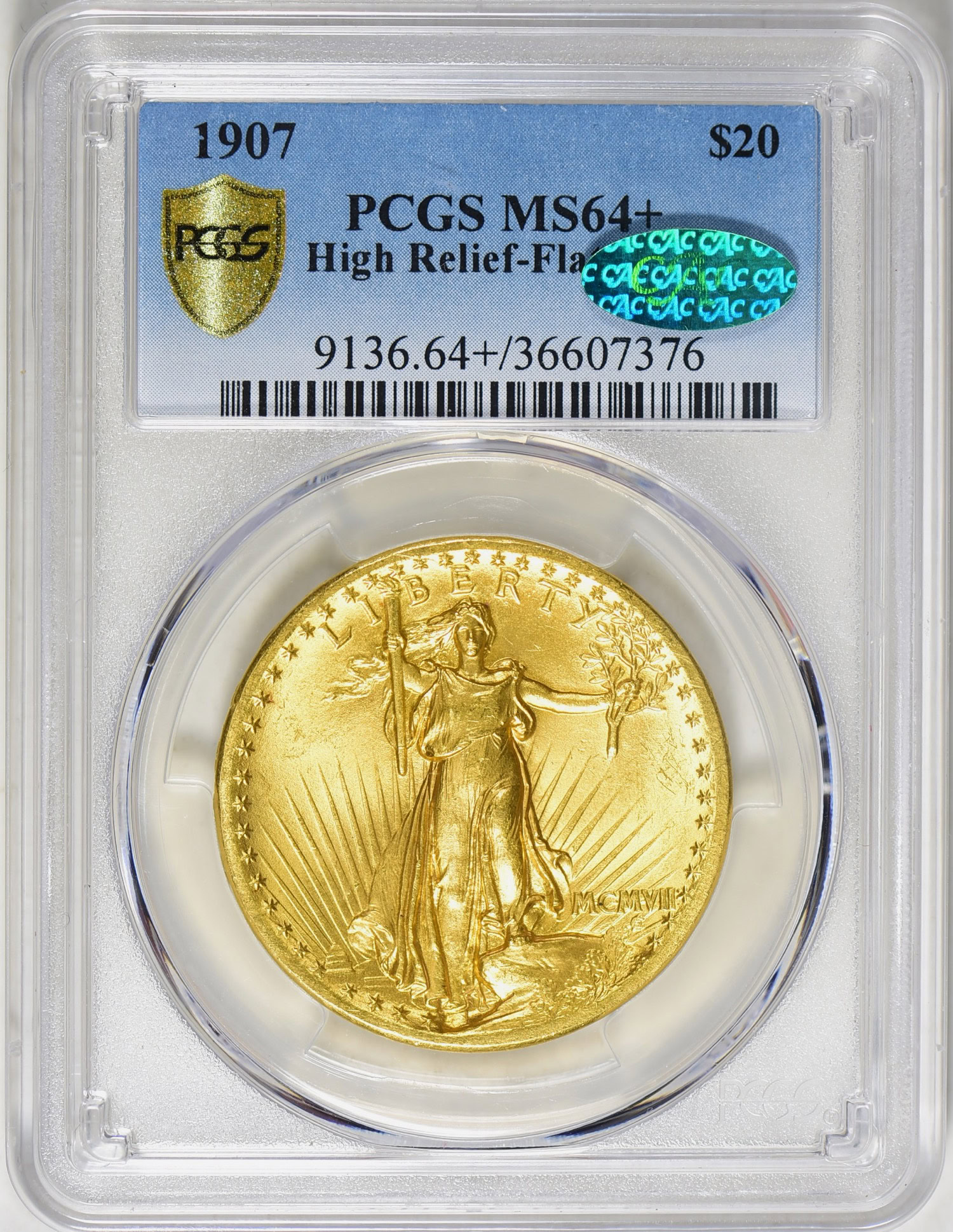 1907 Saint-Gaudens Gold Double Eagle MCMVII. High Relief, Flat Edge PCGS MS-64+ (CAC Green ...