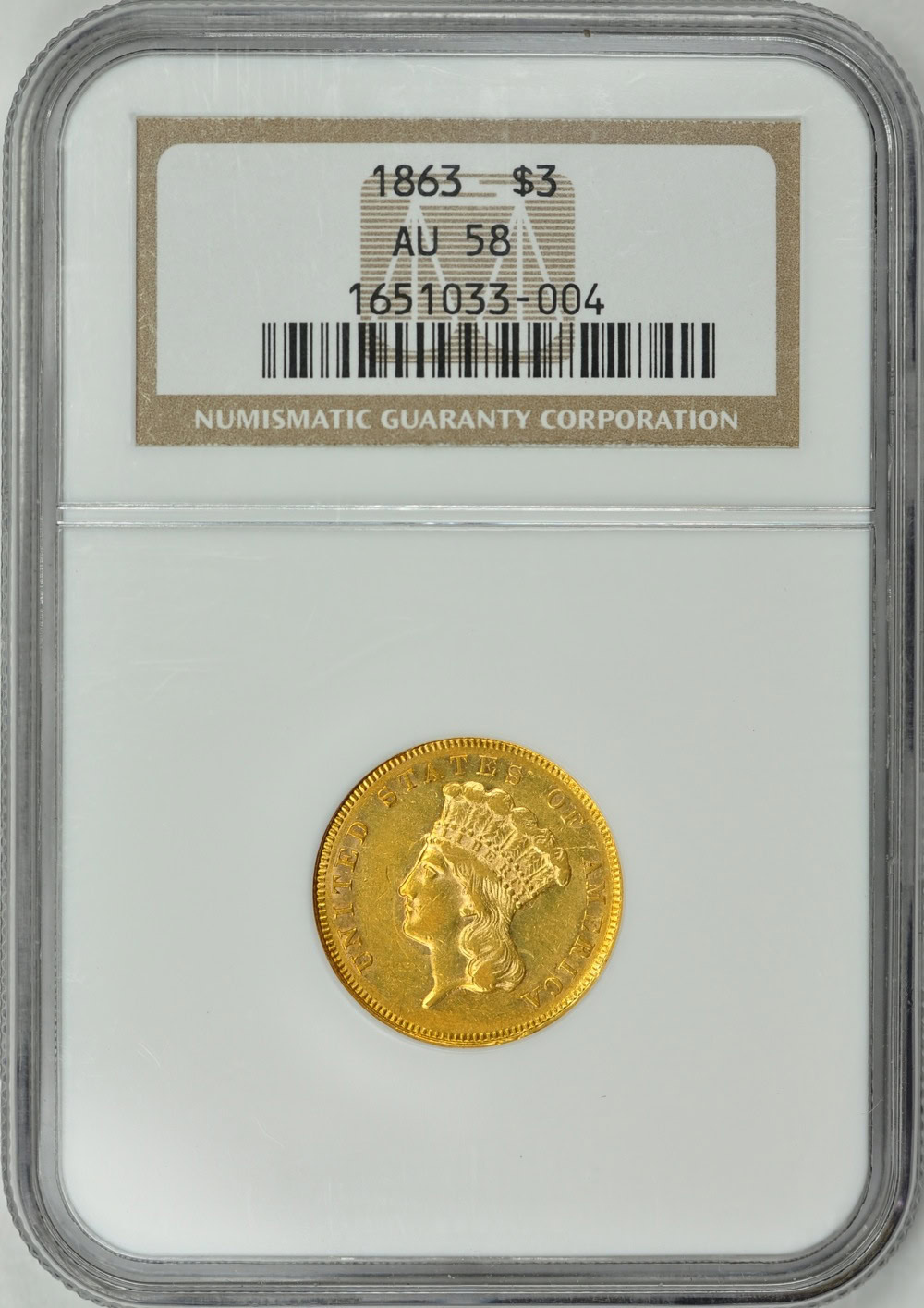 1863 Three-Dollar Gold Piece NGC AU-58 (Item 6682) | GreatCollections ...