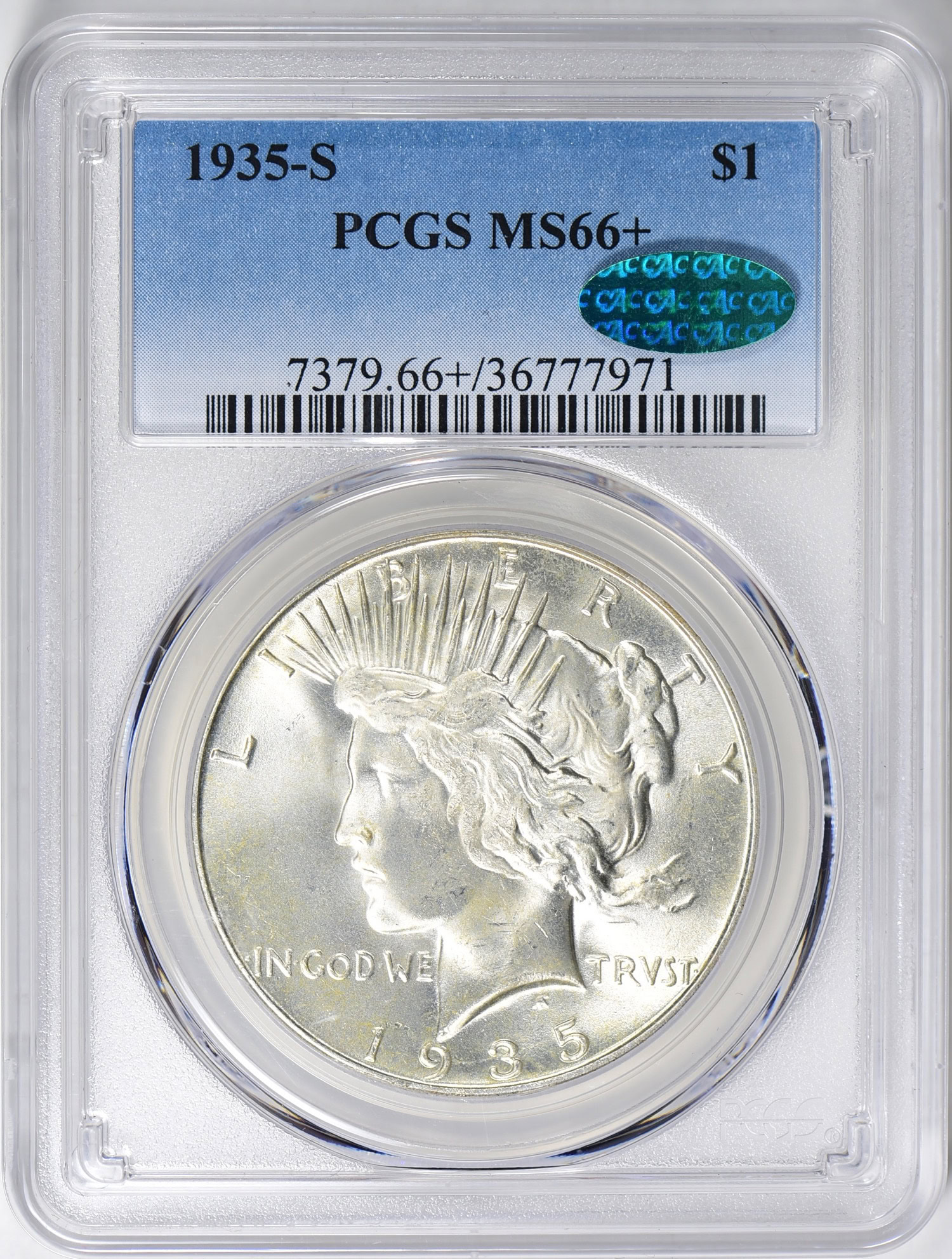 1935-S Peace Silver Dollar PCGS MS-66+ (CAC Green) (Item 687584) | GreatCollections Coin Auctions