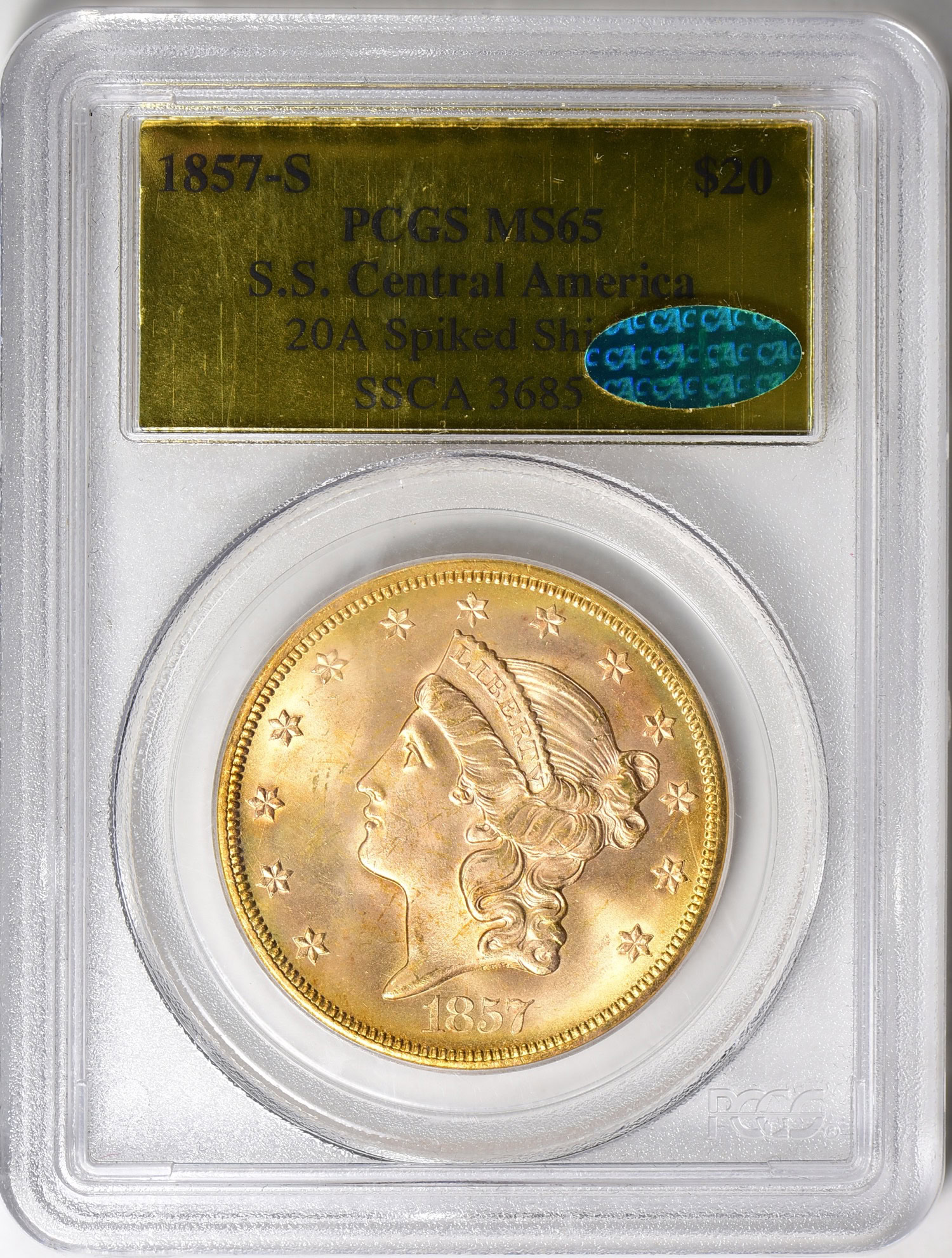 1857-S Liberty Gold Double Eagle Shipwreck S.S. Central America Spiked Shield PCGS MS-65 (CAC ...