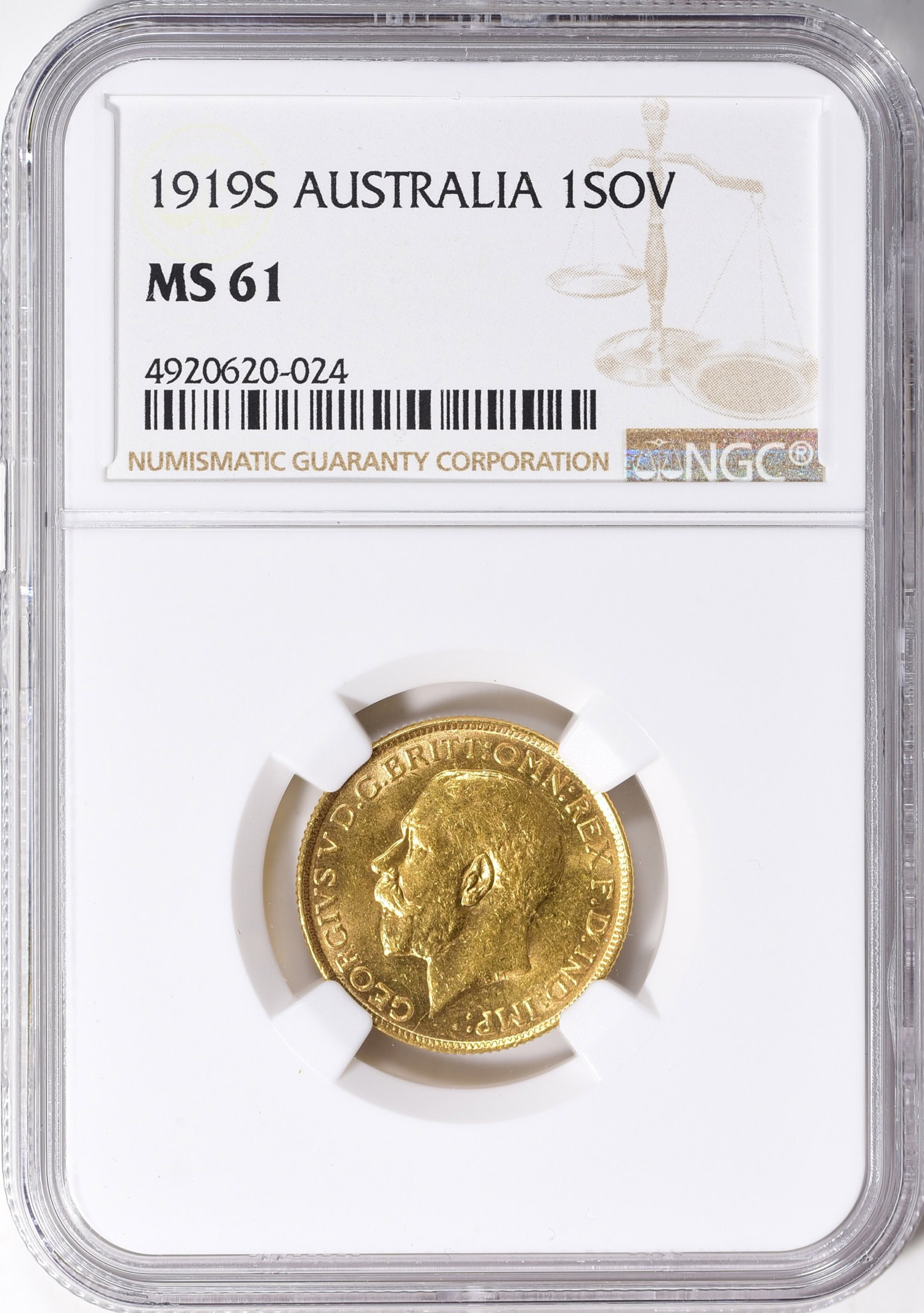 Australia 1919-S Gold Sovereign KM-29 NGC MS-61 (AGW = 0.2355 oz ...