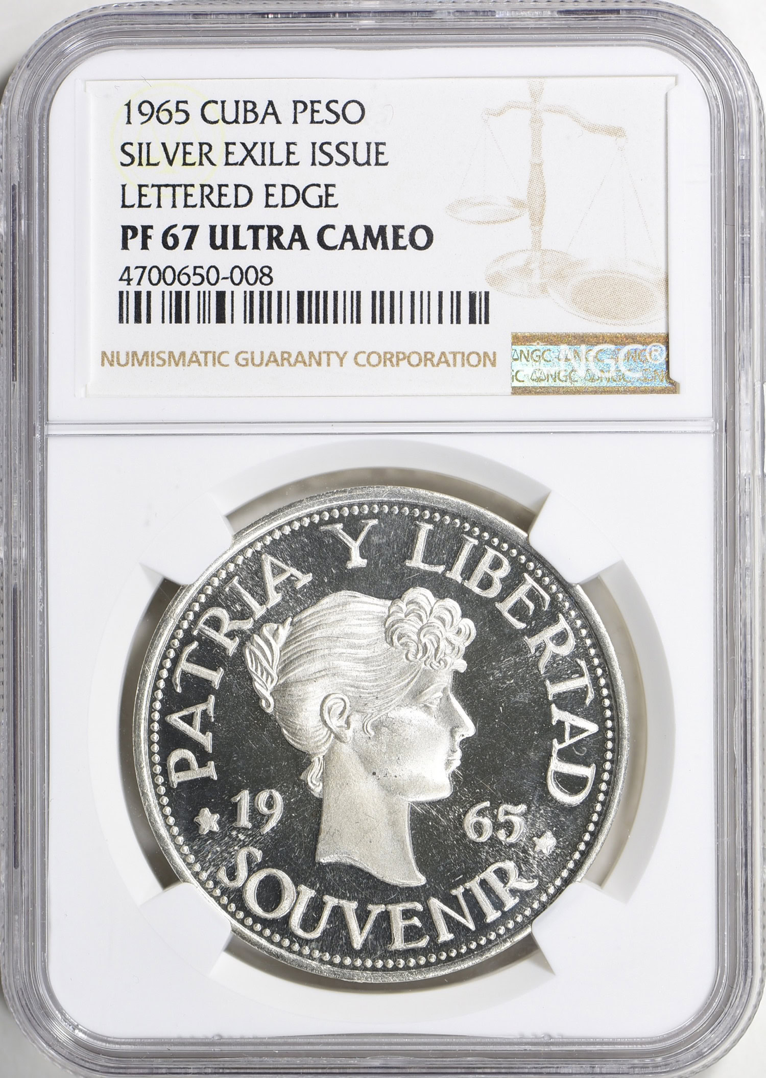 Cuba 1965 Silver Peso Exile Issue Lettered Edge KM-XM6 NGC Proof-67 UC ...