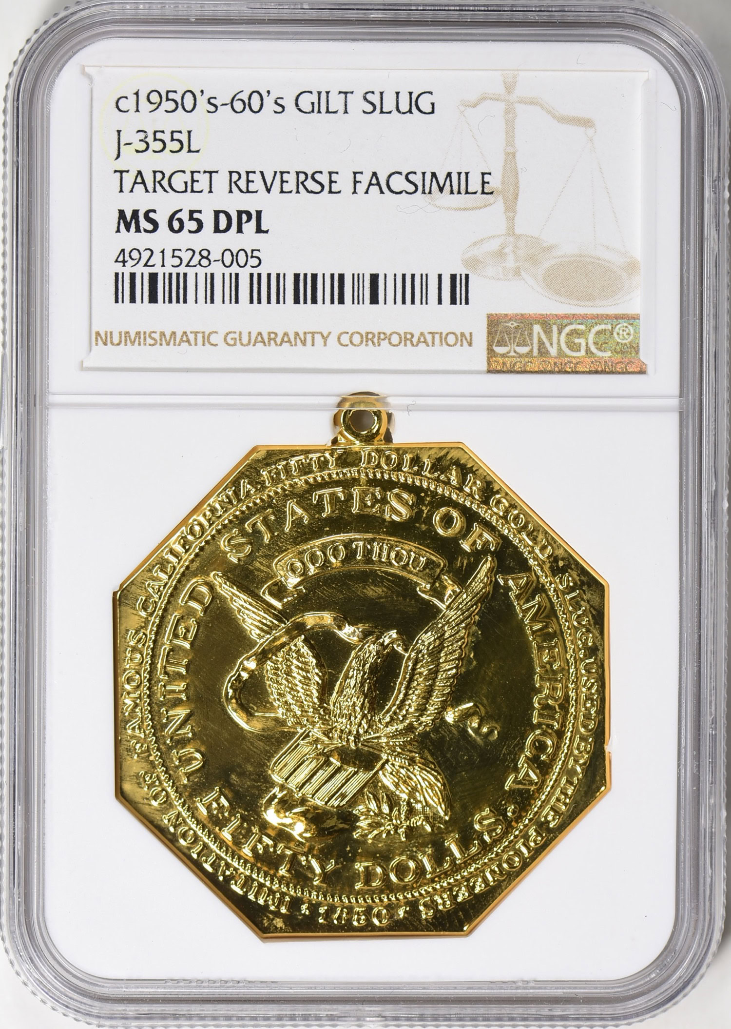 c.1950s - 1960s Gilt $50 Slug Target Reverse Facsimile J-355L NGC MS-65 ...