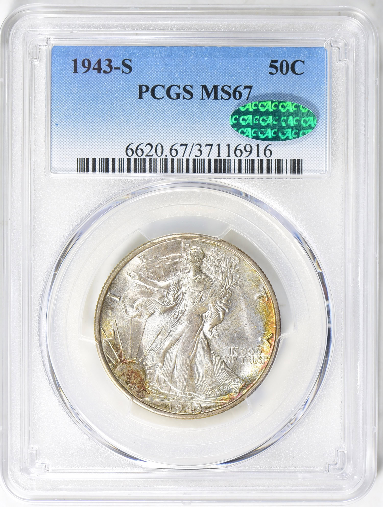 1943-S Walking Liberty Half Dollar PCGS MS-67 (CAC Green) (Toned) (Item 735857 ...