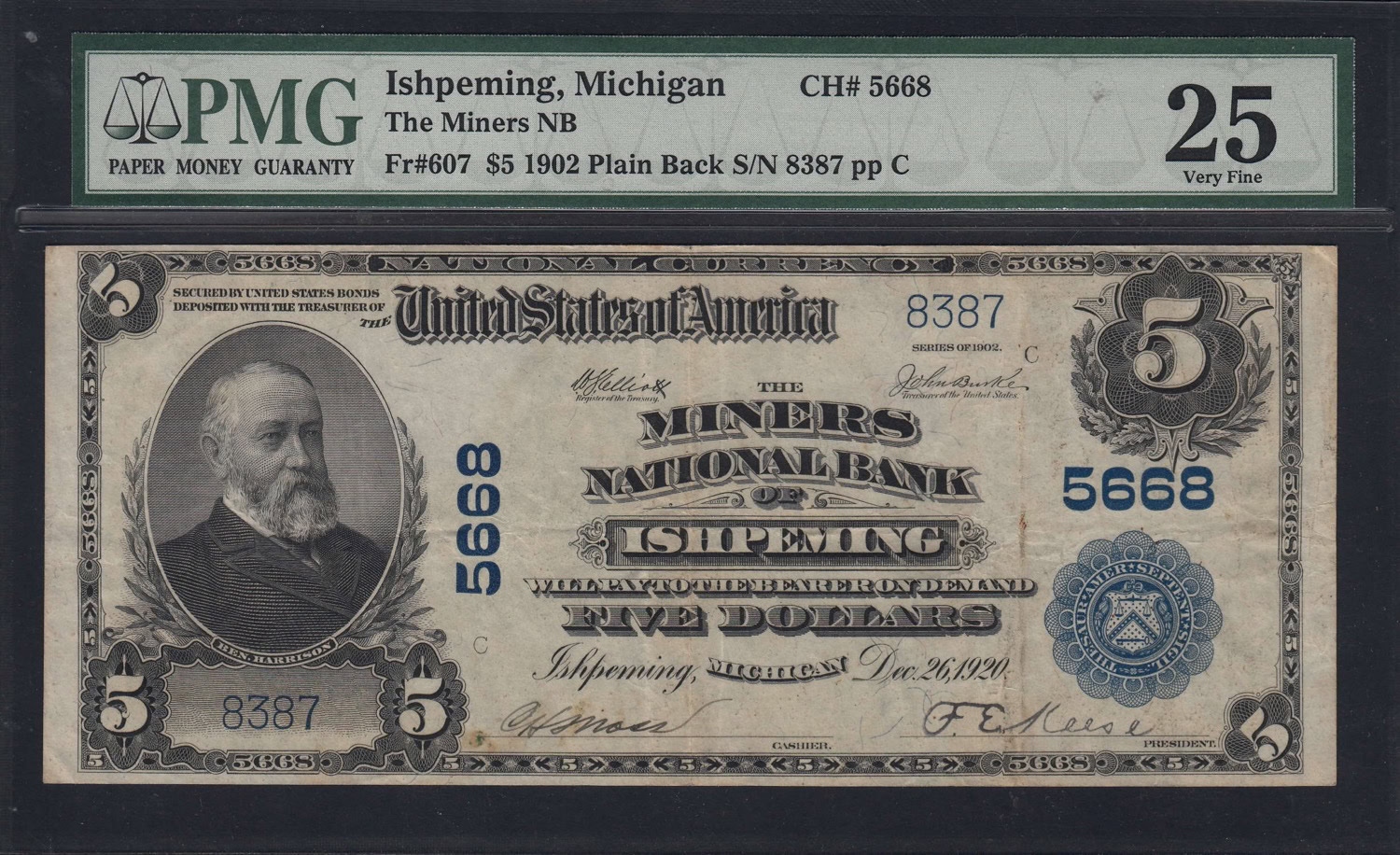 Fr. 607 Ishpeming, Michigan 1902 The Miners National Bank $5 Plain Back ...