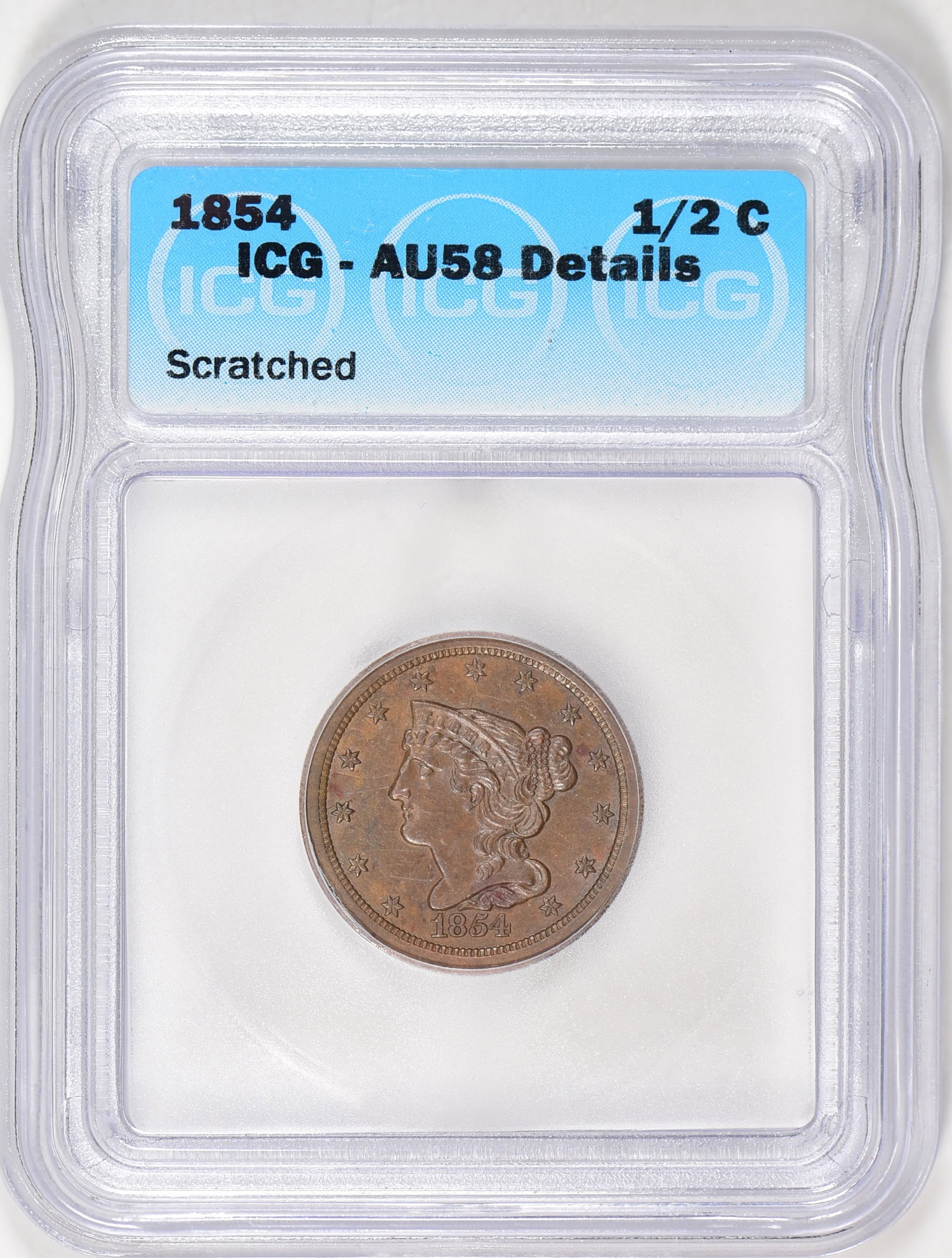 1854 Braided Hair Half Cent ICG AU-58 Details (Item 740970) | GreatCollections Coin Auctions