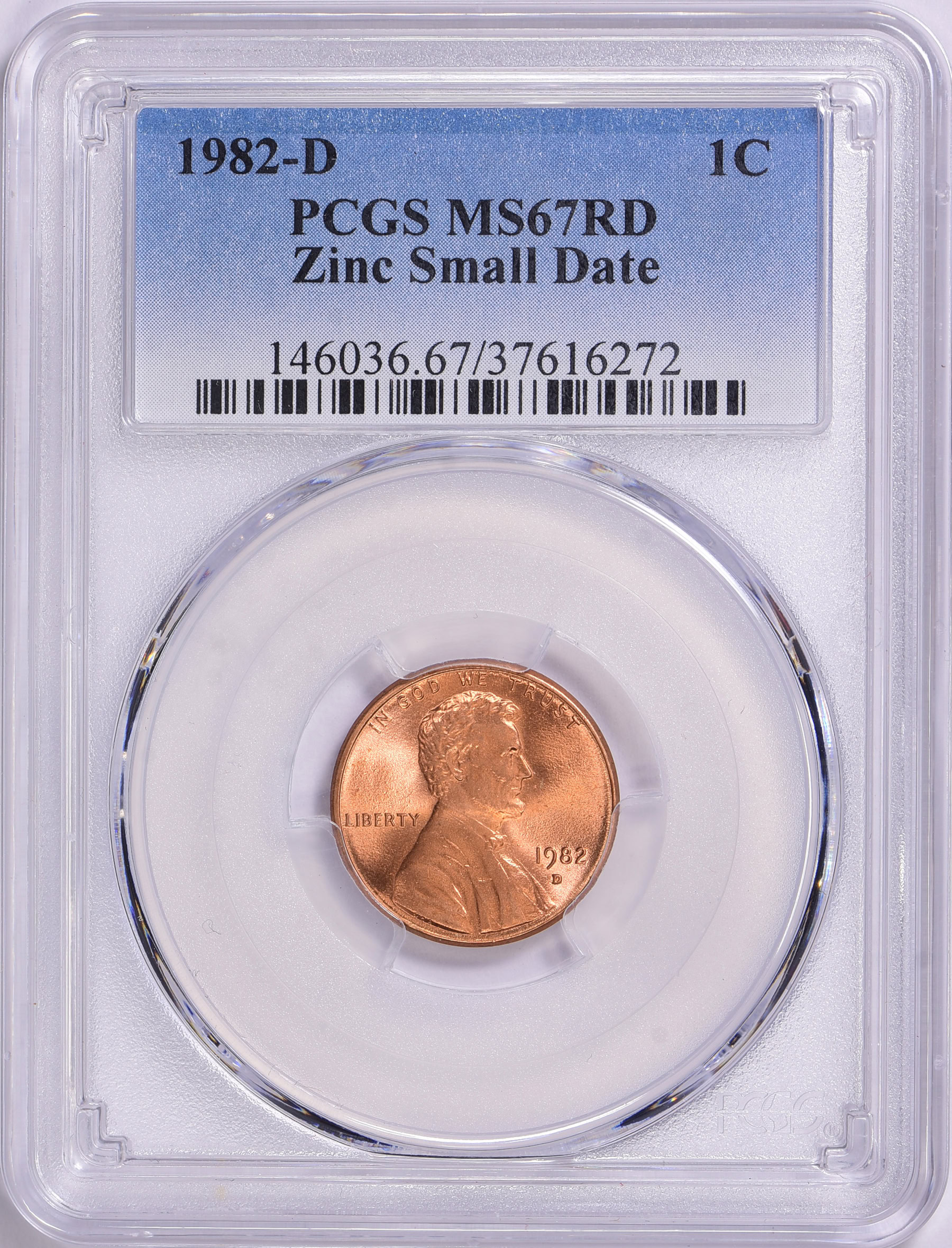 1982-D Lincoln Cent Zinc. Small Date PCGS MS-67 RD (Item 742586) | GreatCollections Coin Auctions