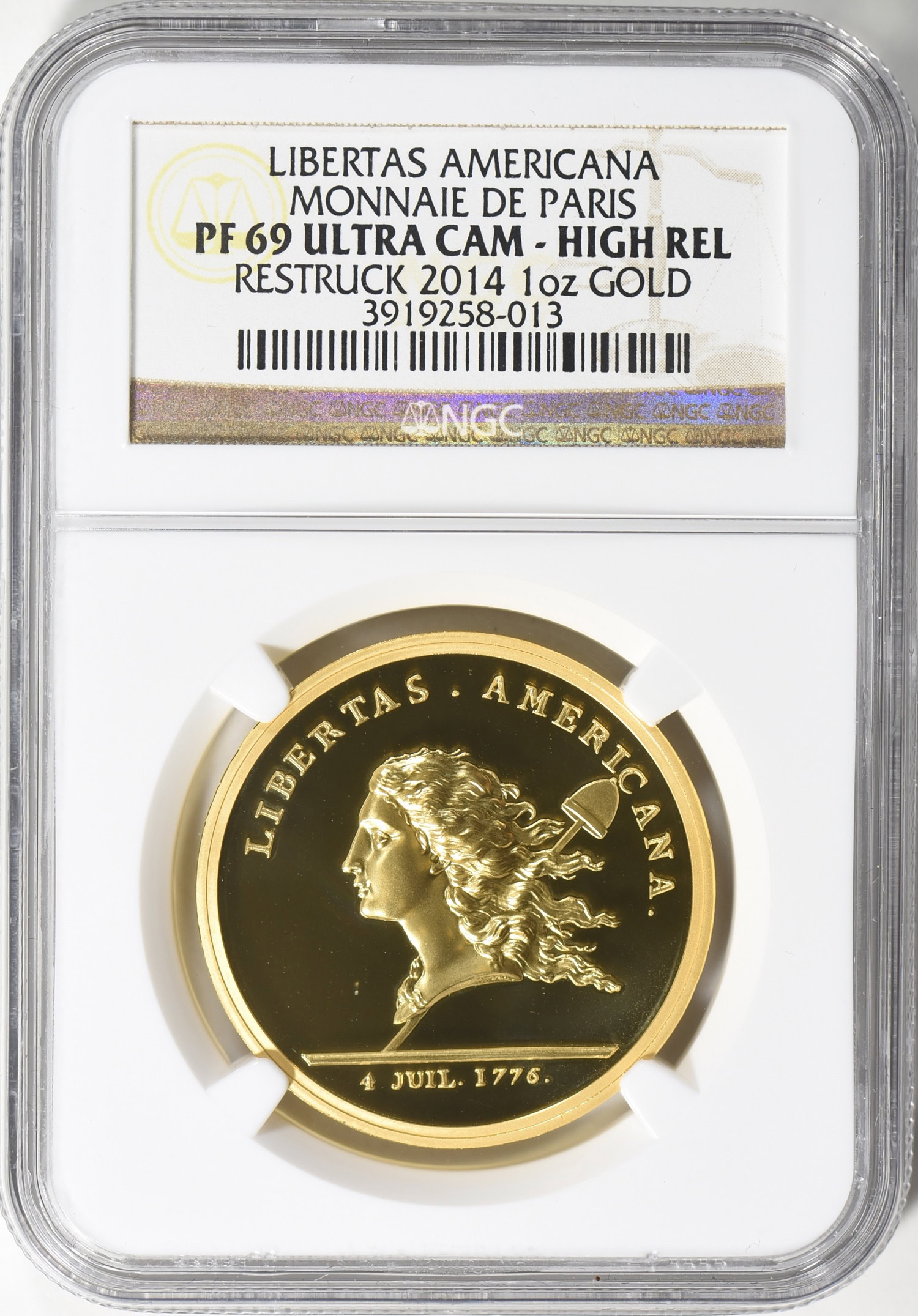 France "1776" (Struck 2014) Gold 1 oz. Libertas Americana High Relief ...