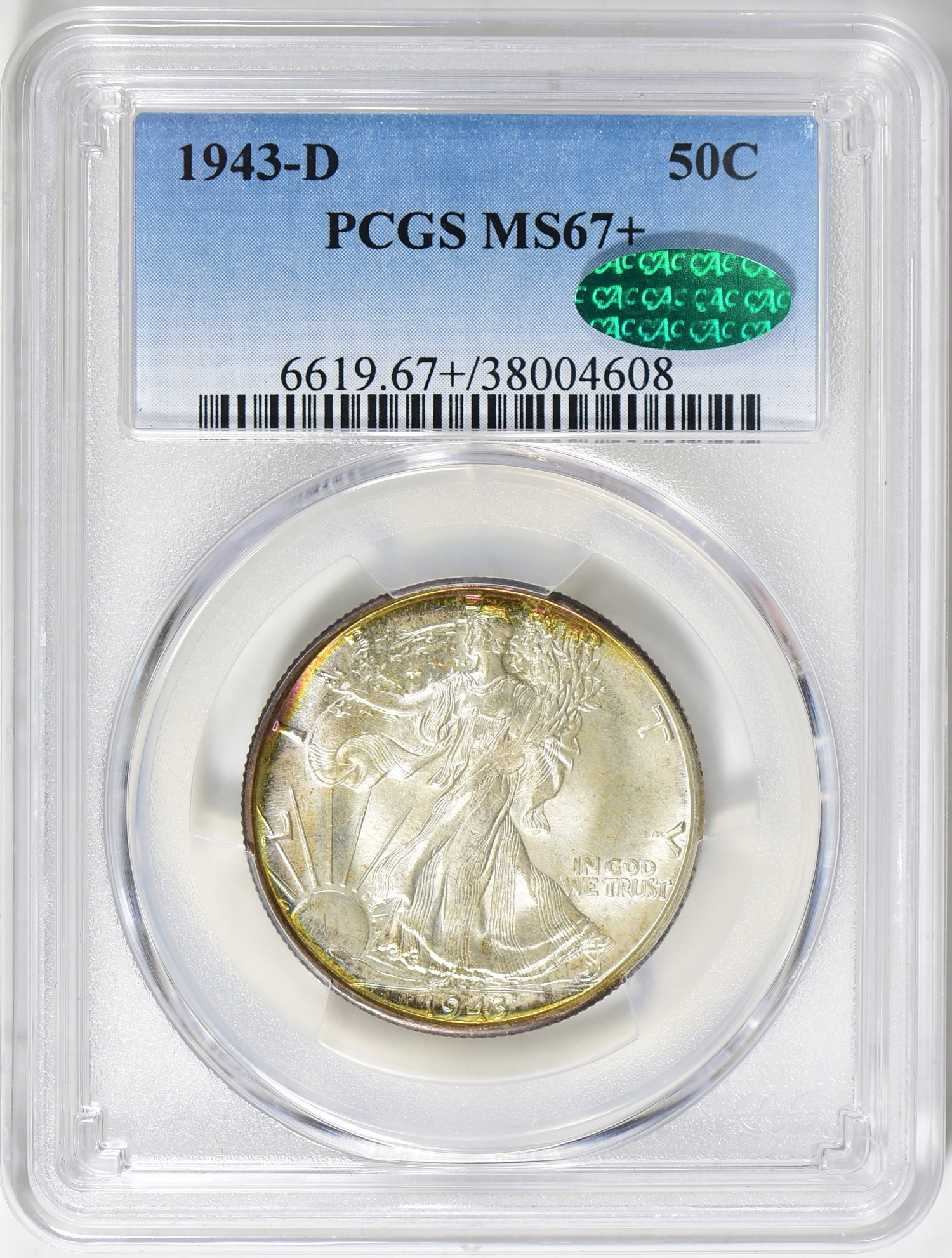 1943-D Walking Liberty Half Dollar PCGS MS-67+ (CAC Green) (Toned) (Item 790410 ...