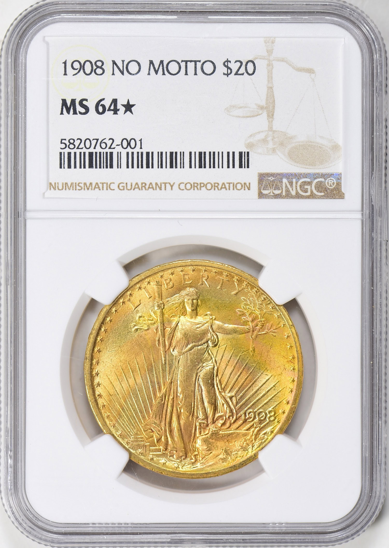 1908 Saint-Gaudens Gold Double Eagle No Motto NGC MS-64 ★ (Toned) (Item 791603 ...