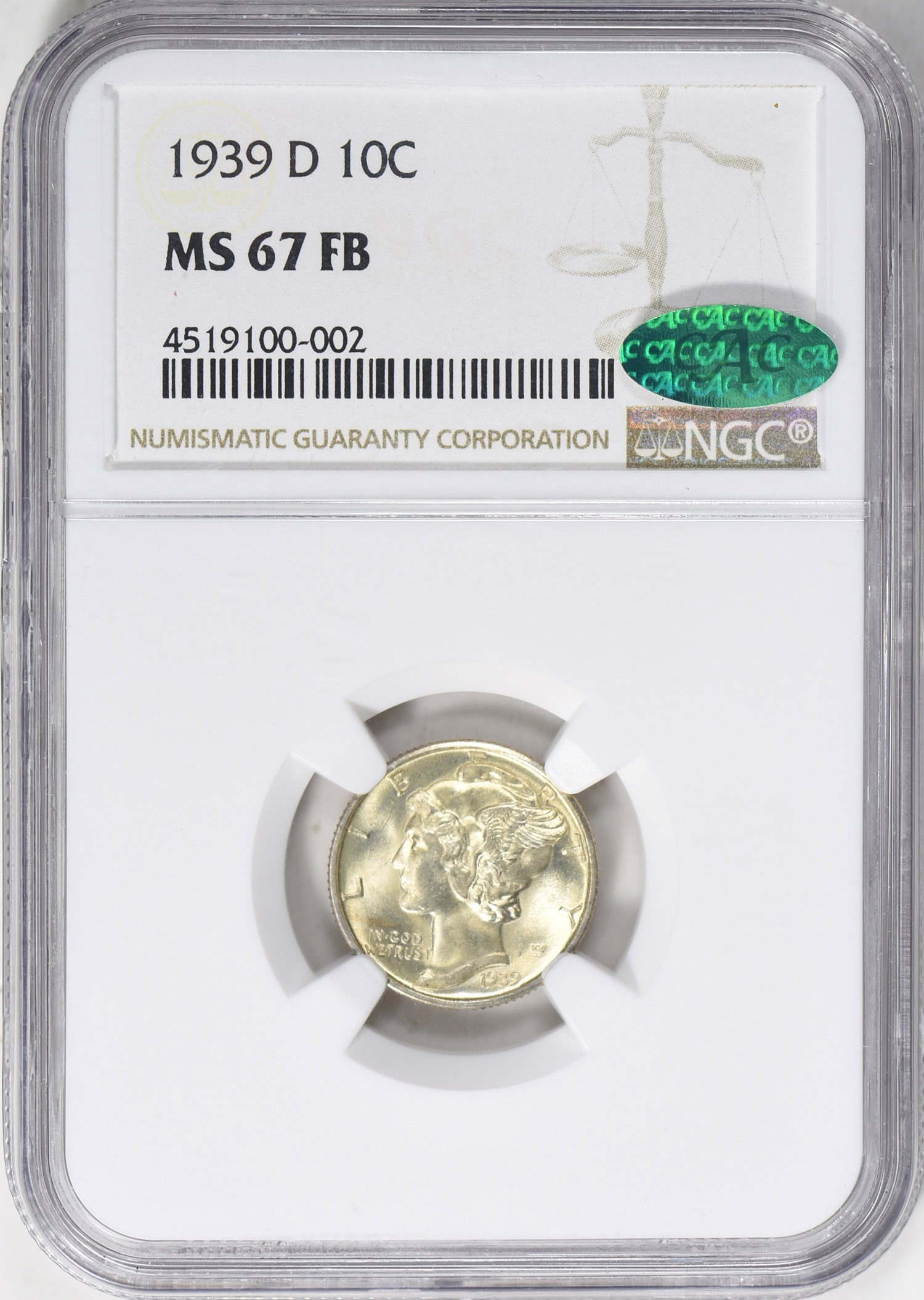 1939-D Mercury Dime NGC MS-67 FB (CAC Green) (Item 794891) | GreatCollections Coin Auctions