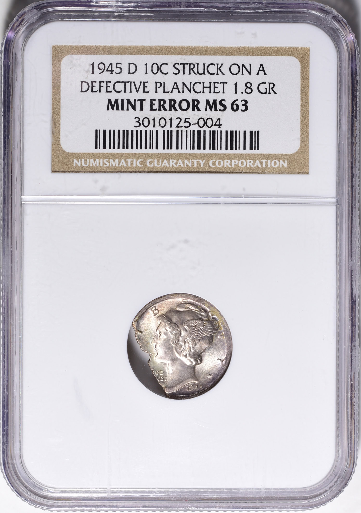Mint Error 1945-D Mercury Dime Struck on a Defective Planchet 1.8 Grams ...