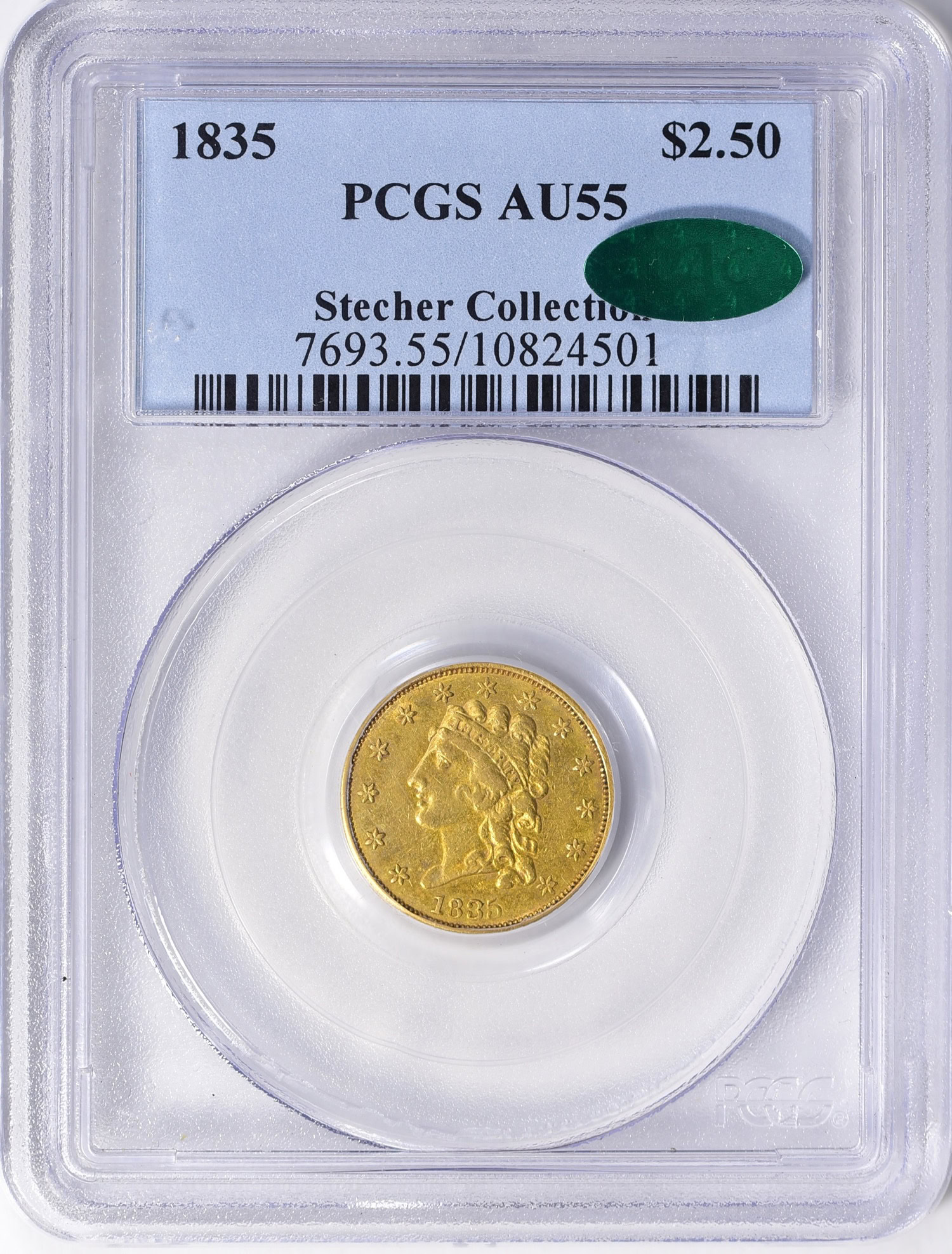 1835 Classic Gold Quarter Eagle PCGS AU-55 (CAC Green) (Stecher Collection) (Item 804819 ...