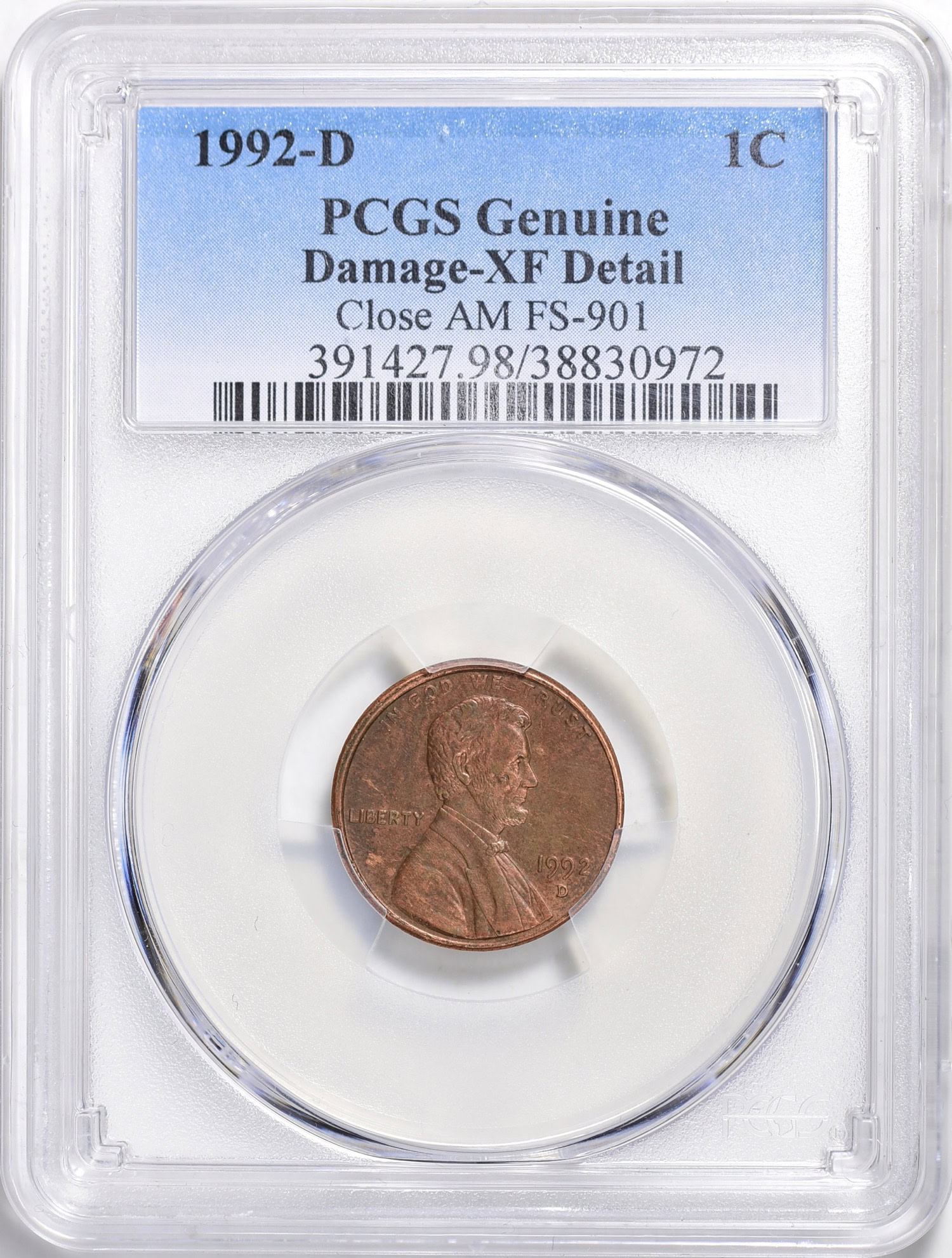 1992-D Lincoln Cent Close AM FS-901 PCGS Genuine XF Details (Item ...