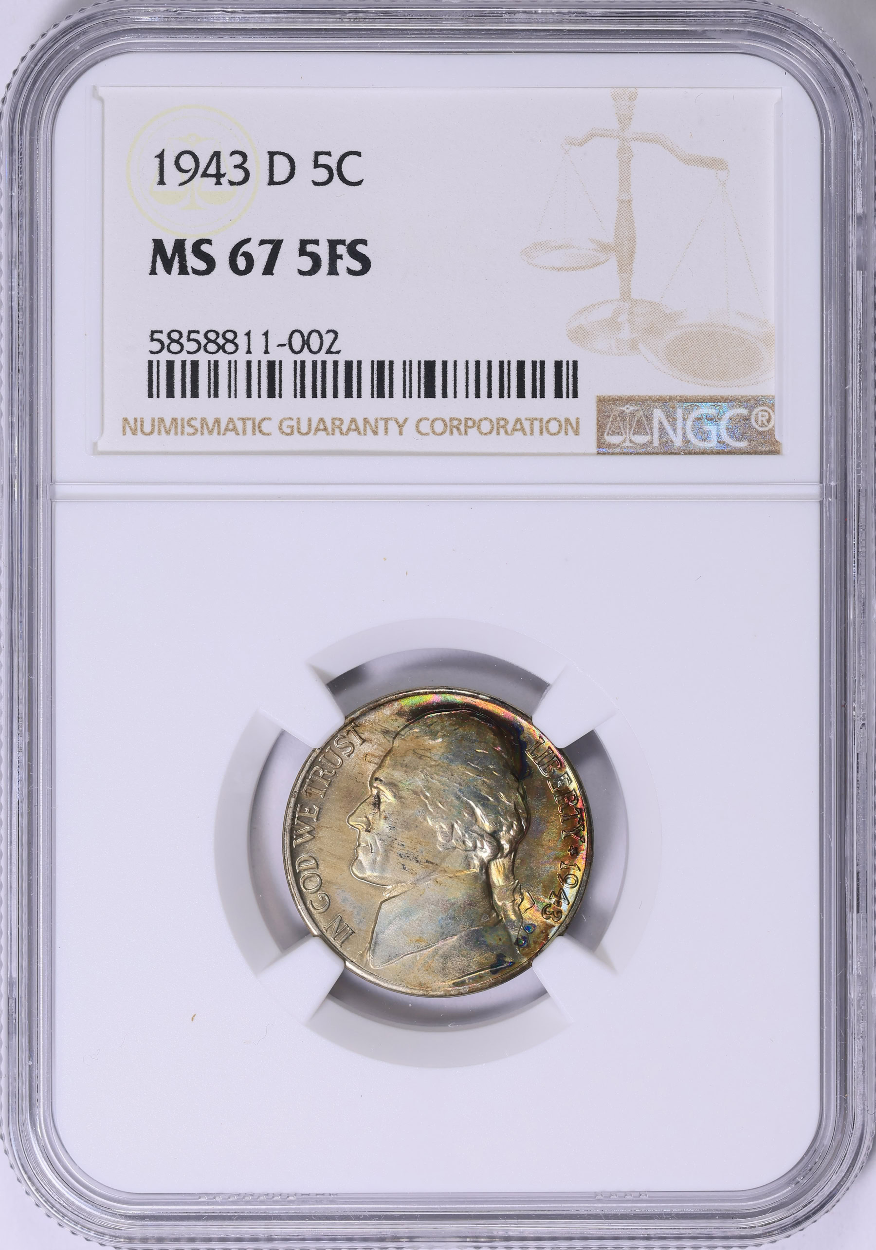 1943-D Jefferson Nickel NGC MS-67 5FS (Toned) (Item 813214) | GreatCollections Coin Auctions