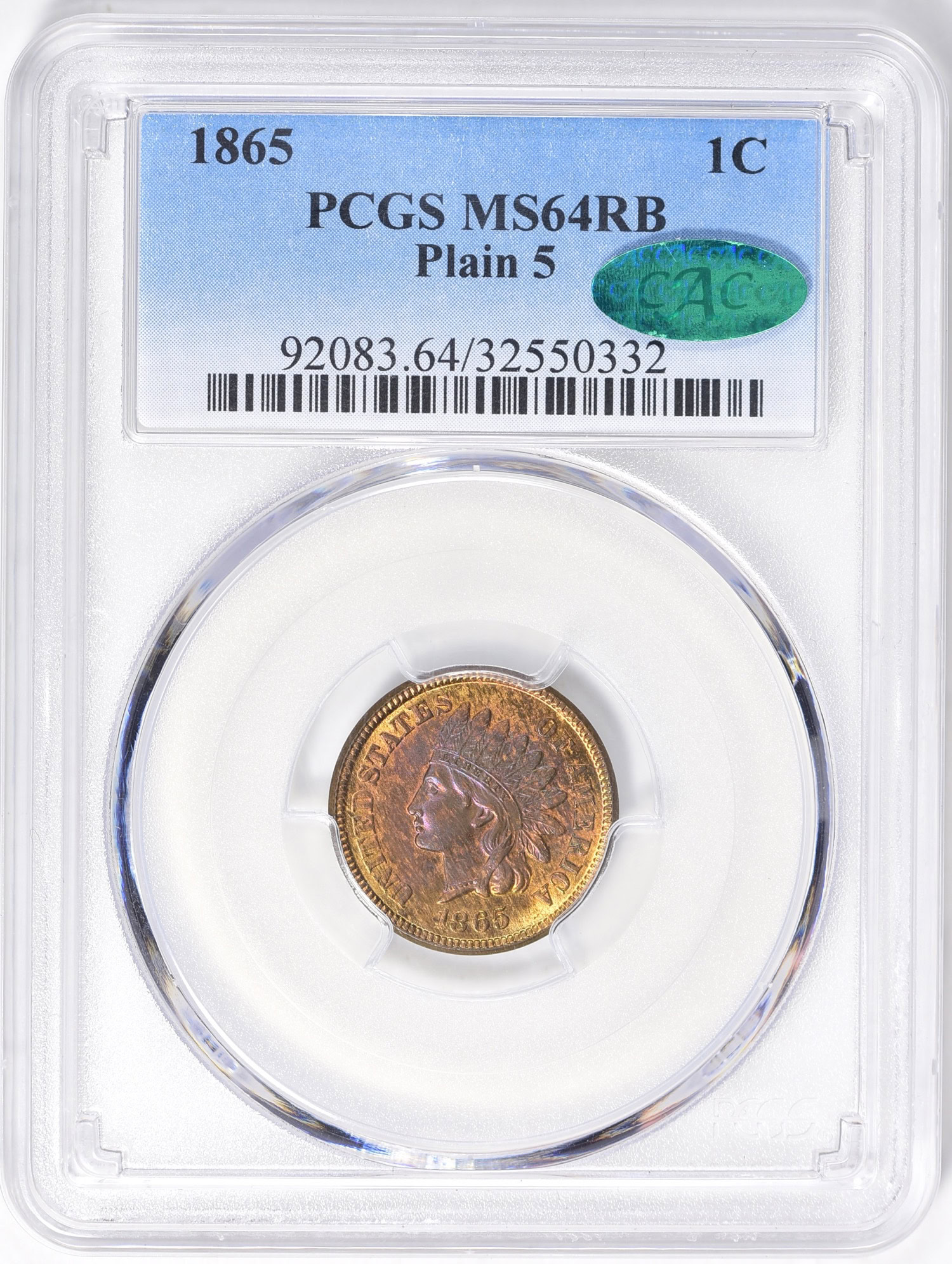 1865 Indian Cent Plain 5 PCGS MS-64 RB (CAC Green) (Item 813449) | GreatCollections Coin Auctions