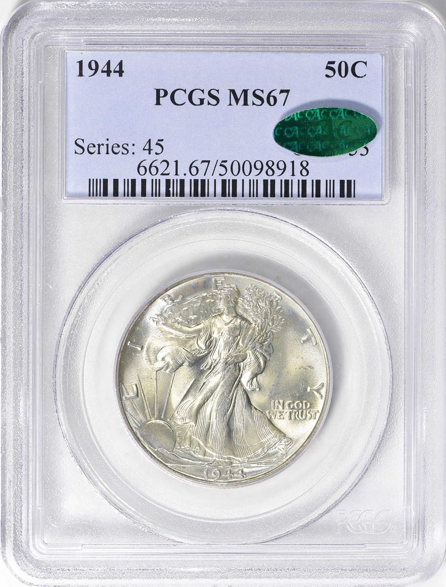 1944 Walking Liberty Half Dollar PCGS MS-67 (CAC Green) (Item 816877) | GreatCollections Coin ...