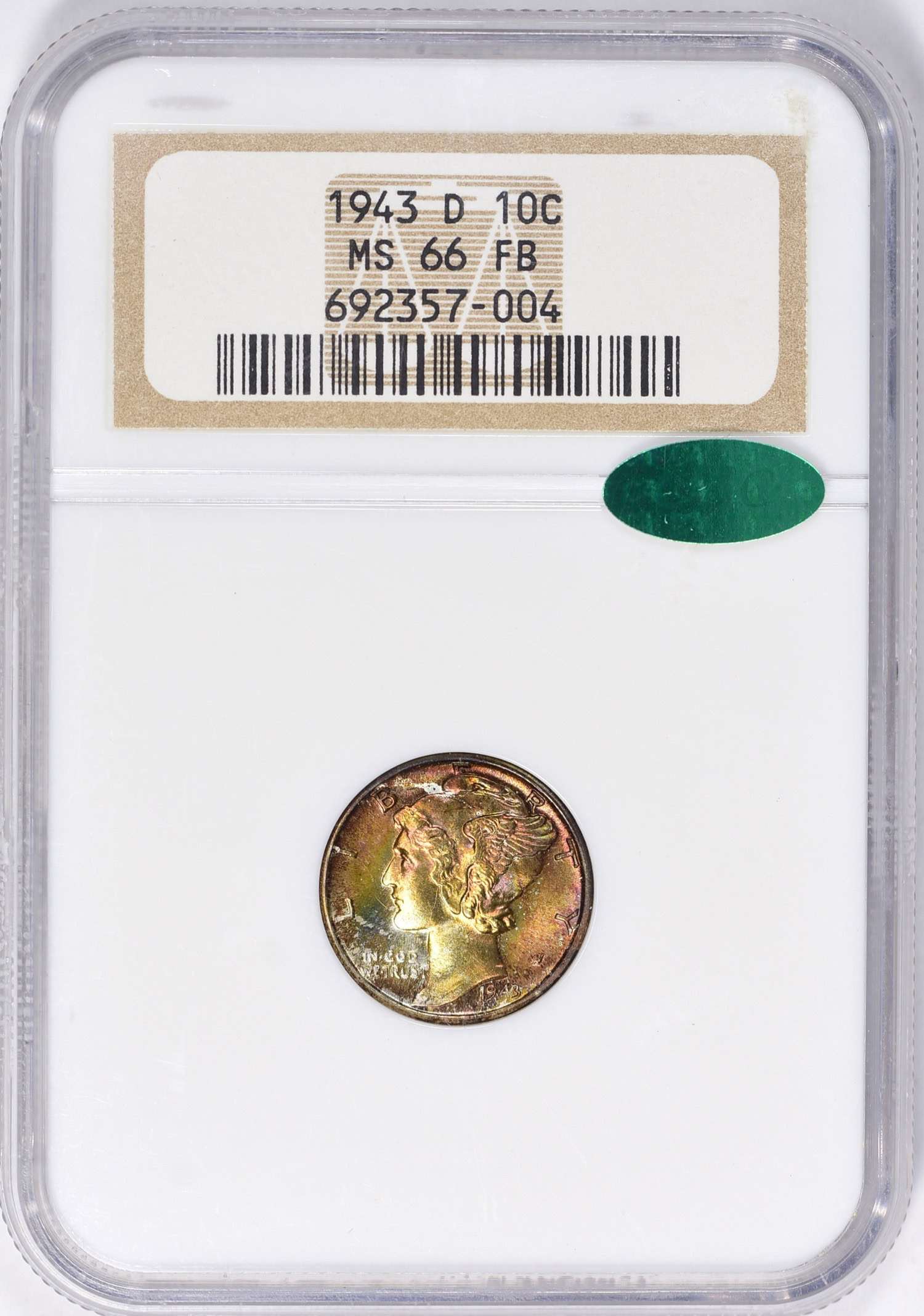 1943-D Mercury Dime NGC MS-66 FB (CAC Green) (Toned) (Item 830002) | GreatCollections Coin Auctions