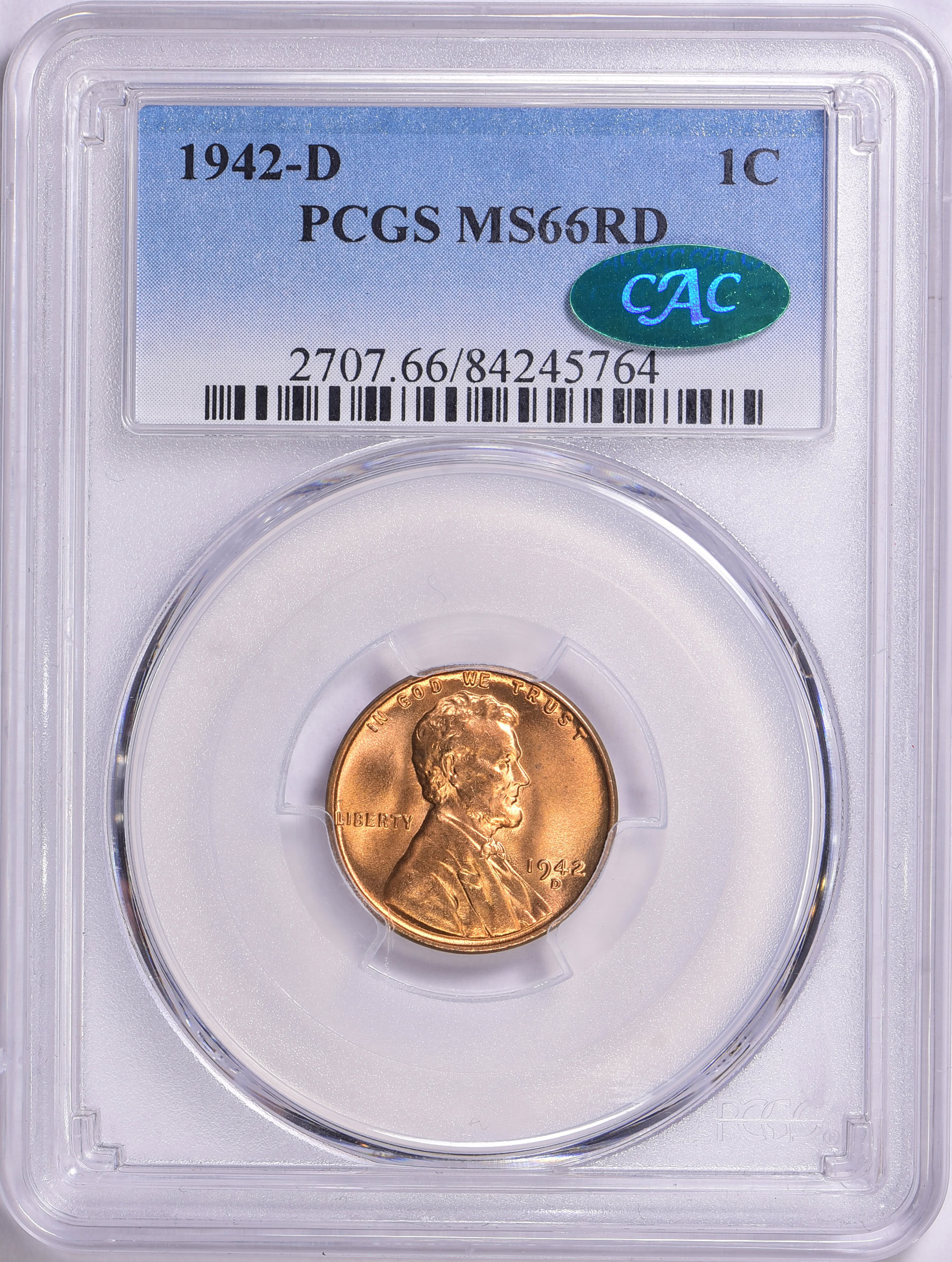 1942-D Lincoln Cent PCGS MS-66 RD (CAC Green) (Item 831755) | GreatCollections Coin Auctions