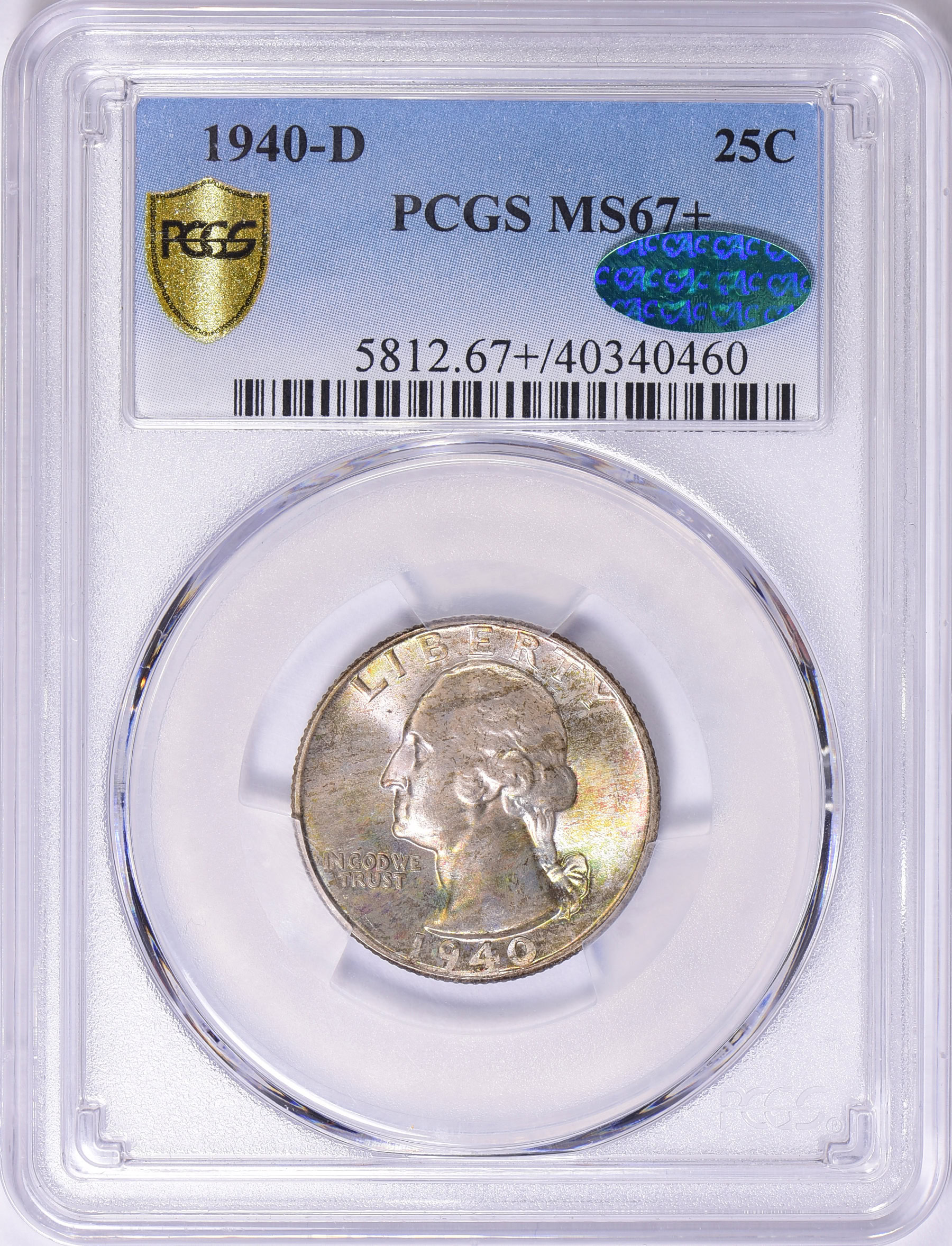 1940-D Washington Quarter PCGS MS-67+ (CAC Green) (Toned) (Item 845358) | GreatCollections Coin ...
