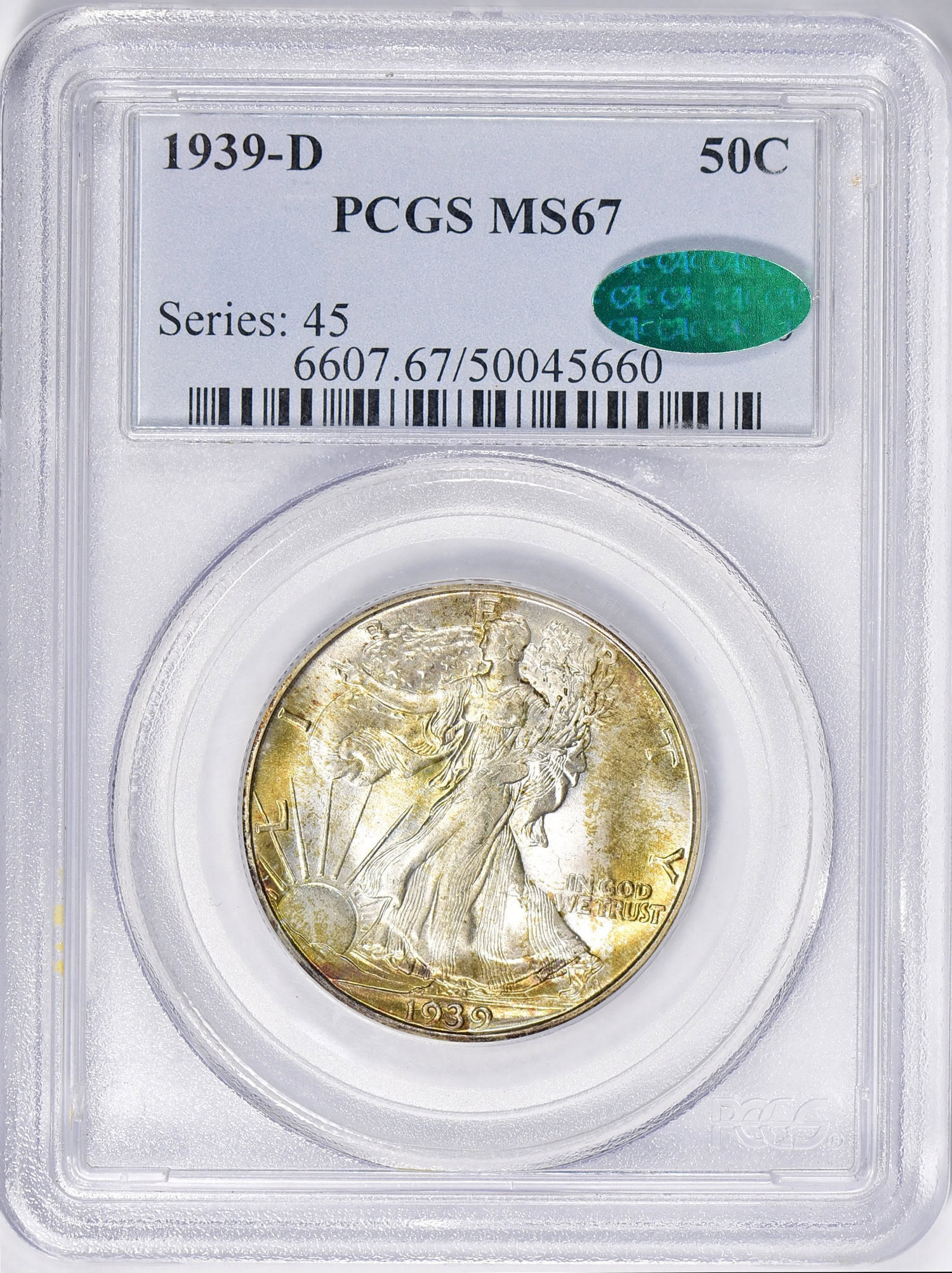 1939-D Walking Liberty Half Dollar PCGS MS-67 (CAC Green) (Toned) (Item 846691 ...