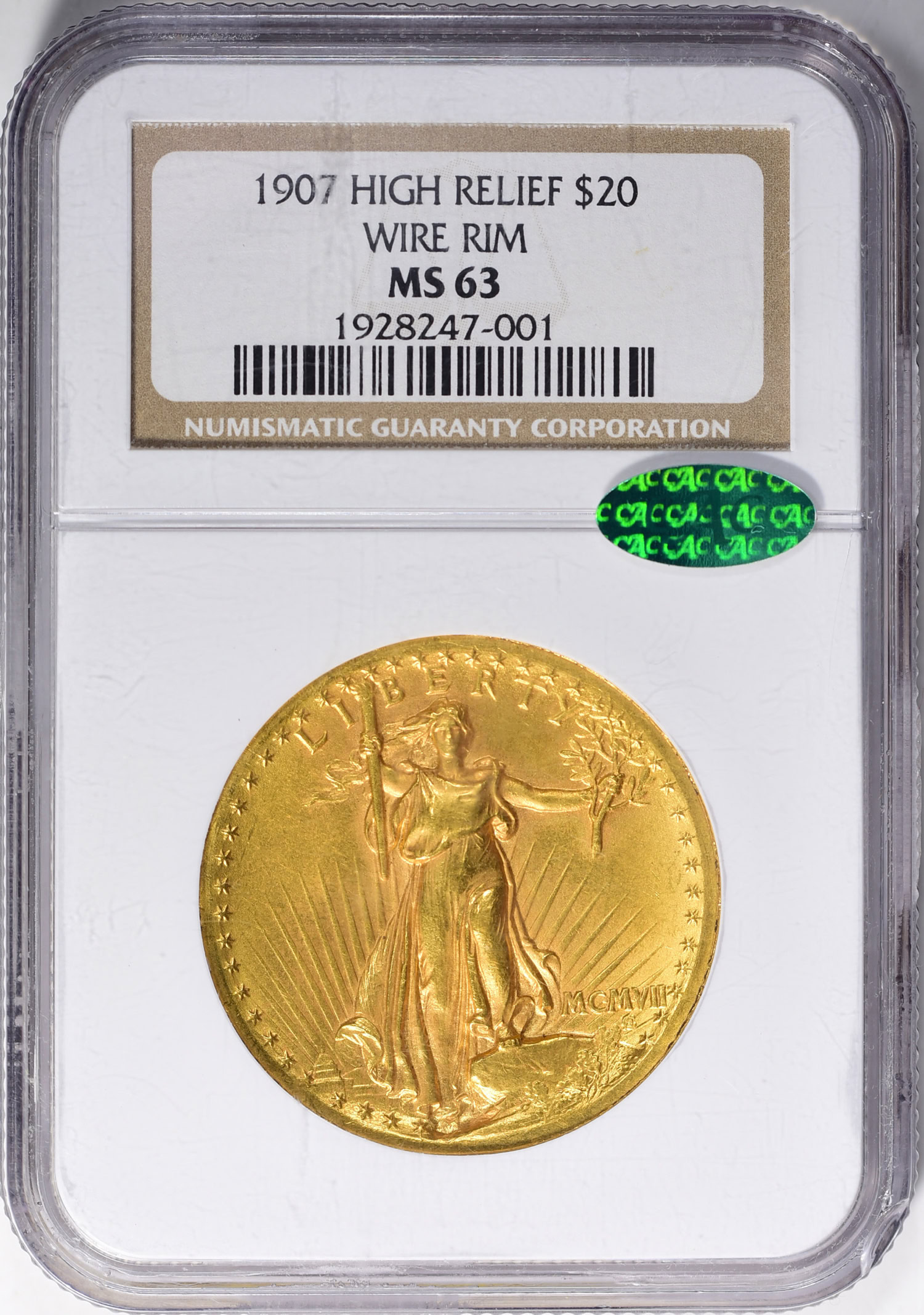 1907 Saint-Gaudens Gold Double Eagle MCMVII. High Relief, Wire Edge NGC MS-63 (CAC Green) (Item ...
