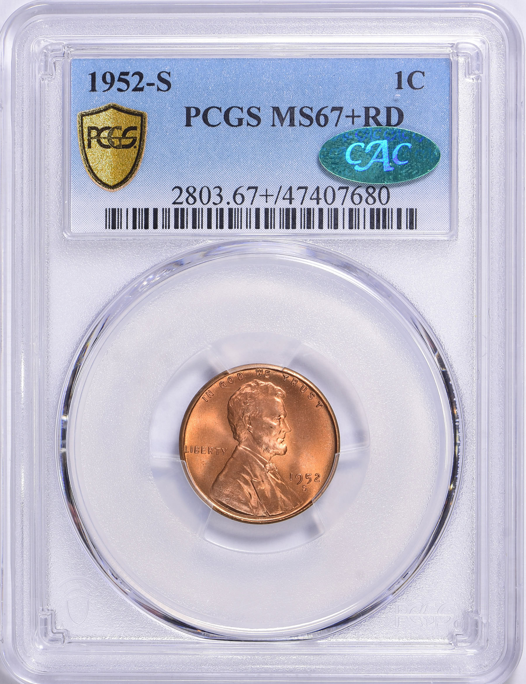 1952-S Lincoln Cent PCGS MS-67+ RD (CAC Green) (Item 860985) | GreatCollections Coin Auctions