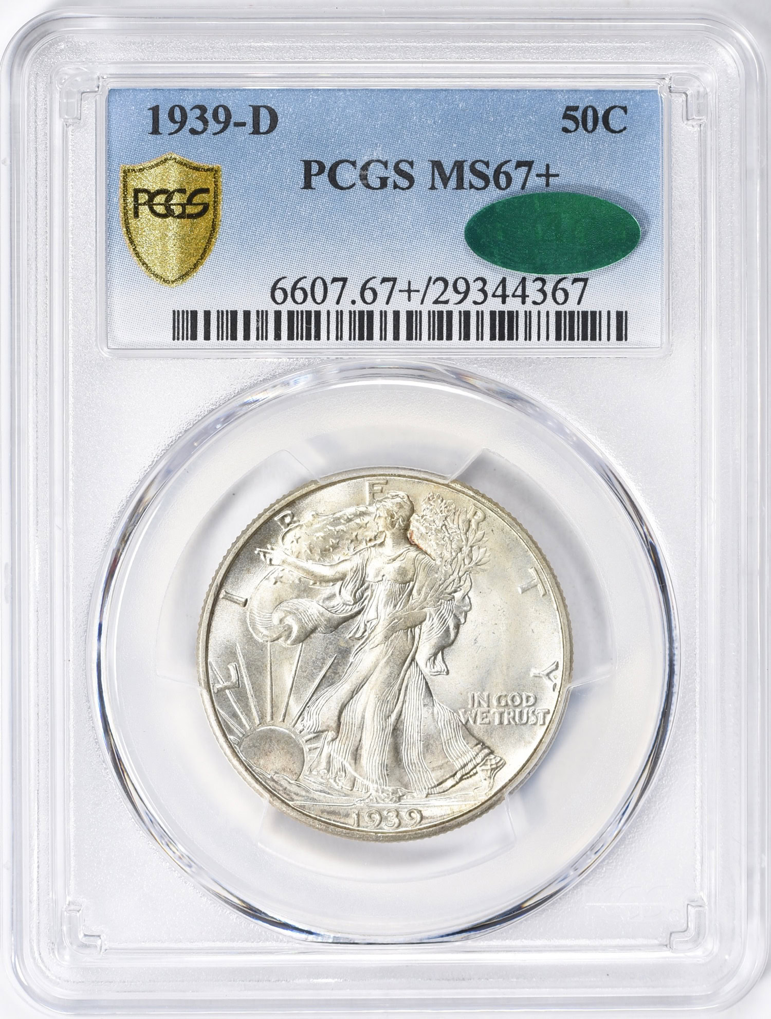 1939-D Walking Liberty Half Dollar PCGS MS-67+ (CAC Green) (Item 864016 ...