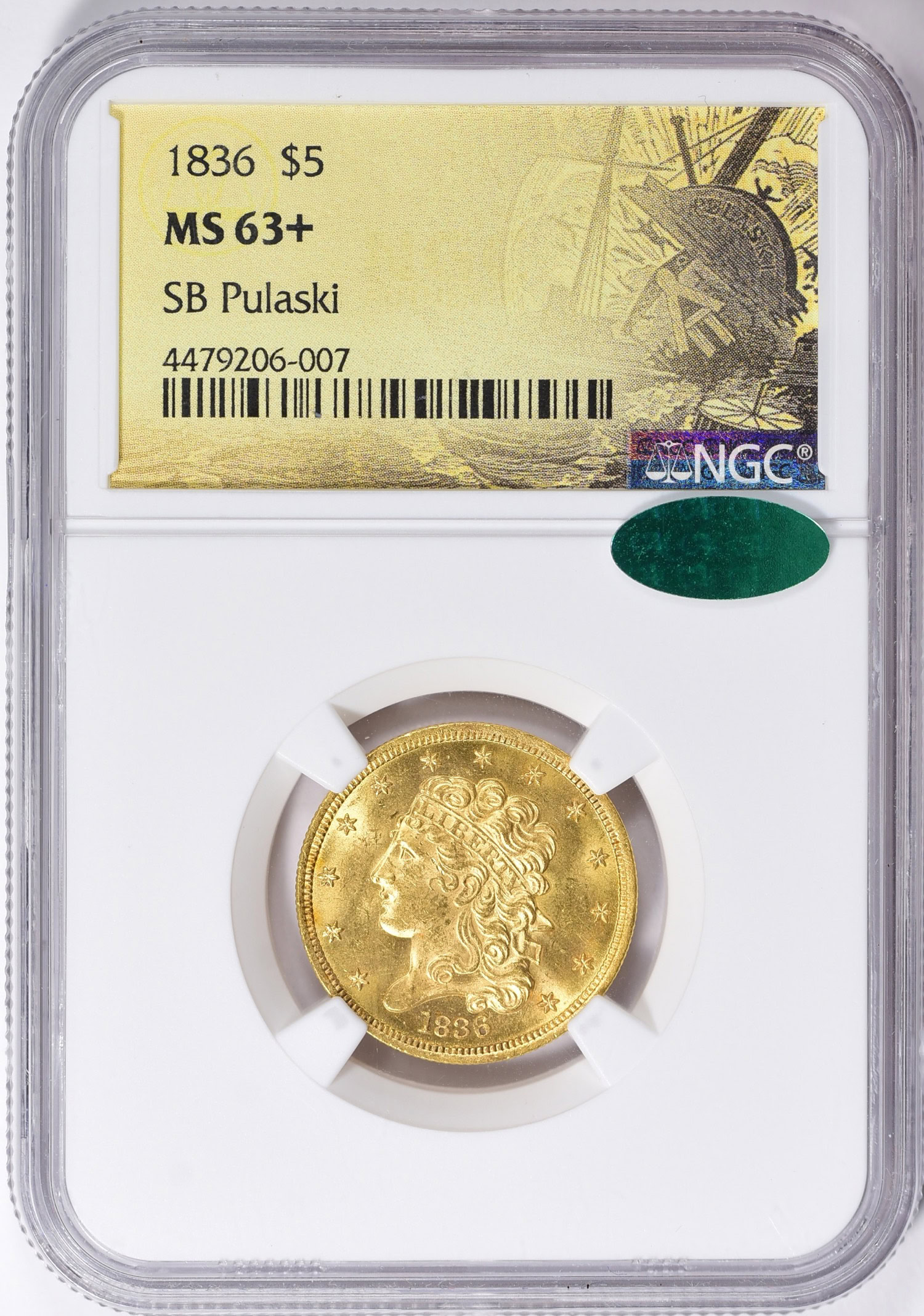 1836 Classic Gold Half Eagle SB Pulaski NGC MS-63+ (CAC Green) (Item ...