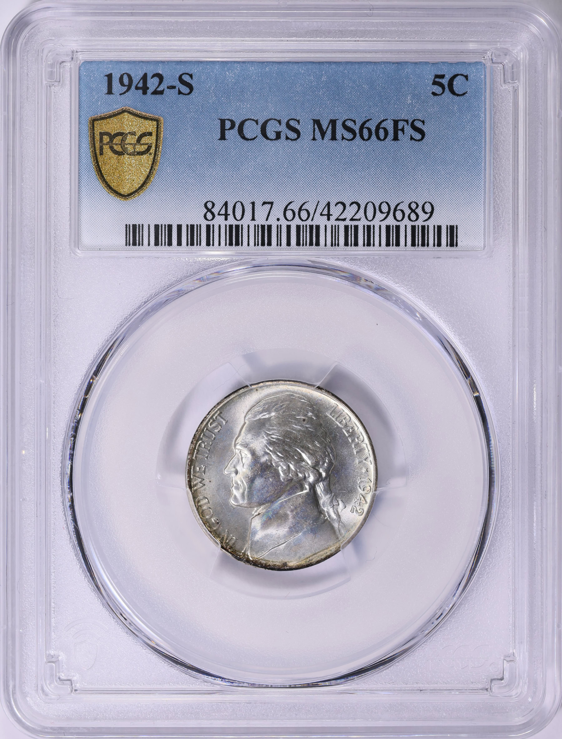 1942-S Jefferson Nickel PCGS MS-66 FS (Toned) (Item 871398) | GreatCollections Coin Auctions