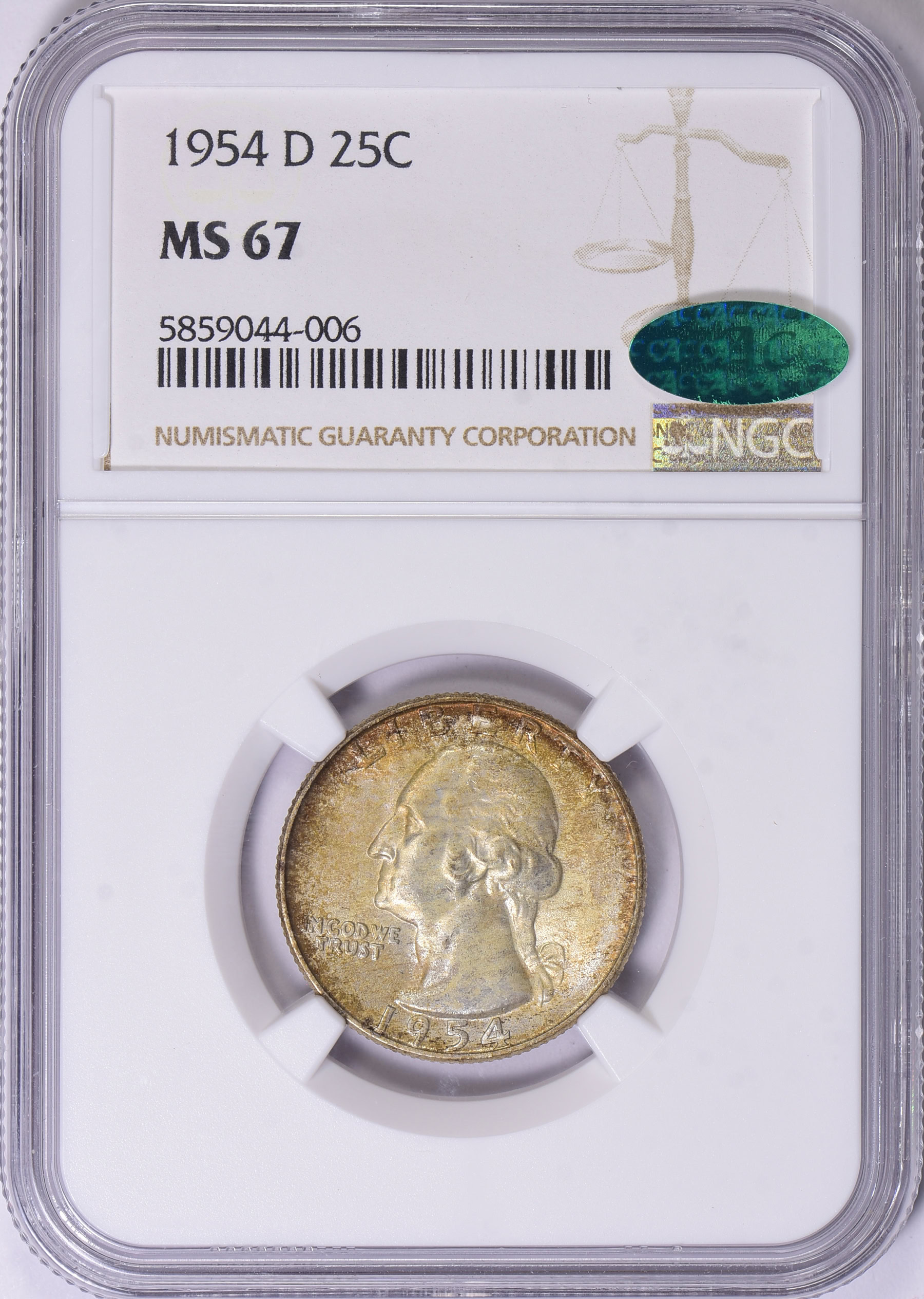 1954-D Washington Quarter NGC MS-67 (CAC Green) (Toned) (Item 872556) | GreatCollections Coin ...